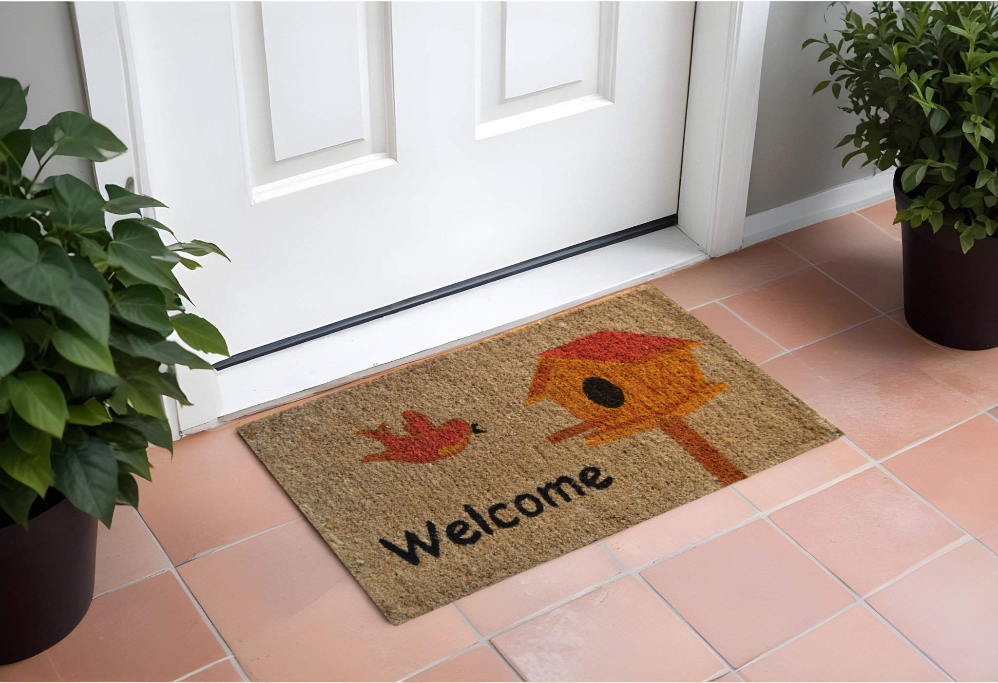 HomeRoots 18" X 30" Beige and Black Coir Bird Welcome Outdoor Door Mat ...
