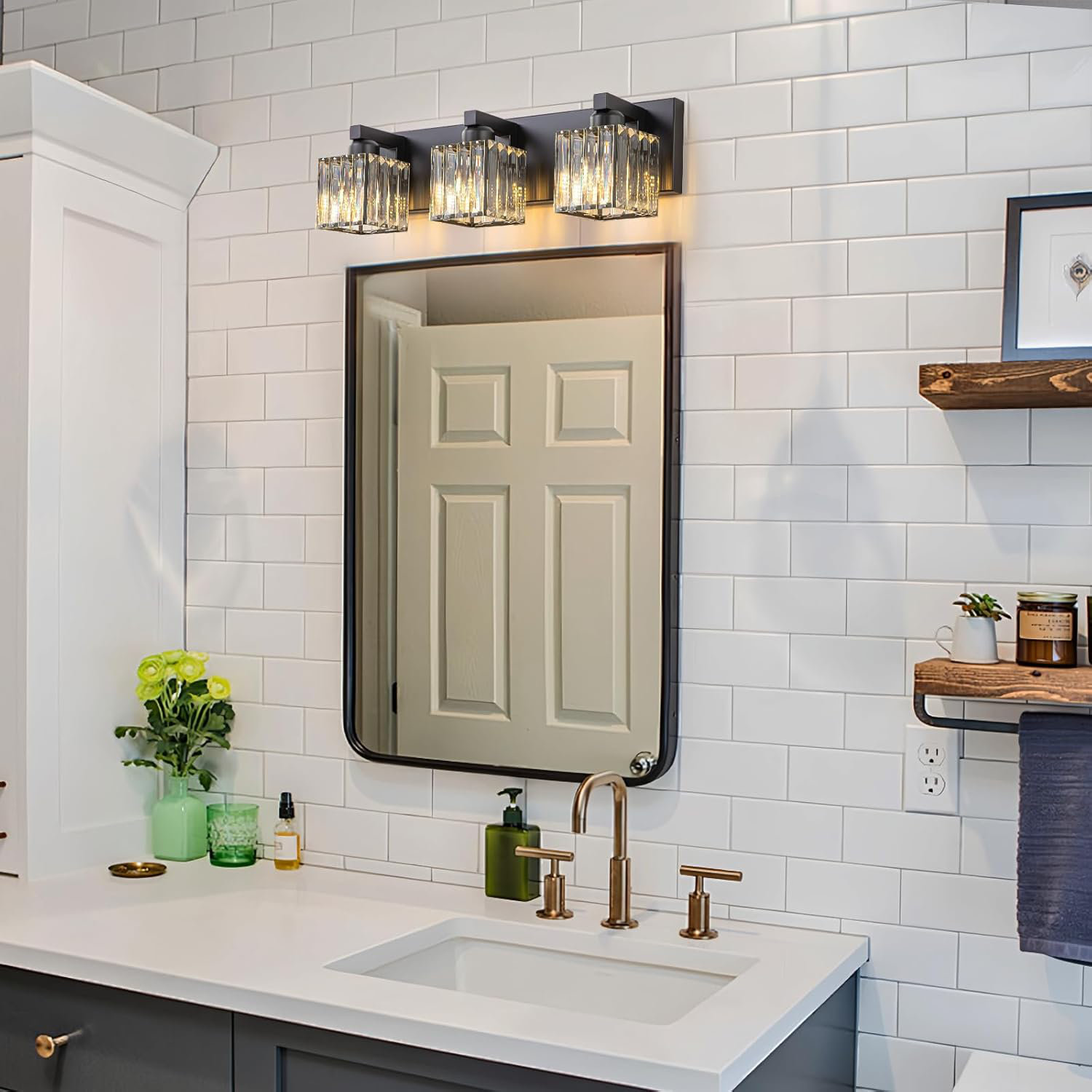 Everly Quinn Modern Black Crystal Bathroom Vanity Light Fixture With ...