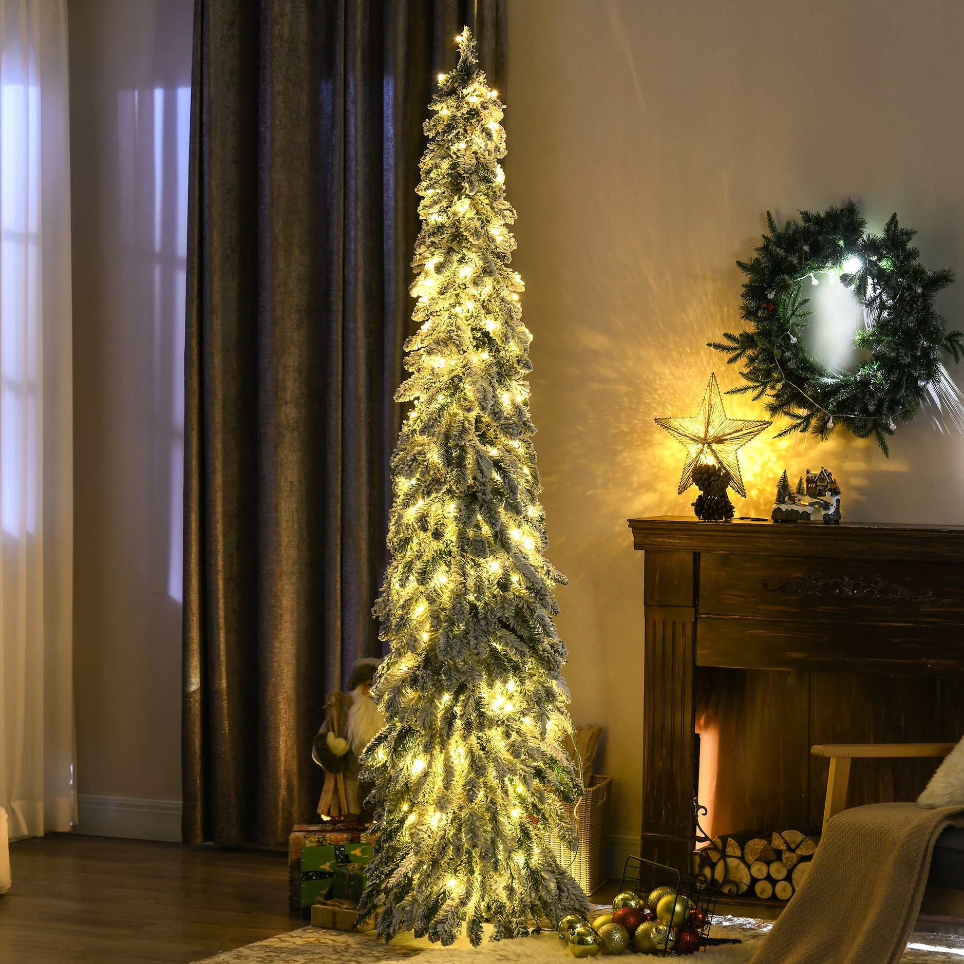 The Holiday Aisle® 7ft Tall Tree With 350 Lights - Snow Flocked, Strong ...