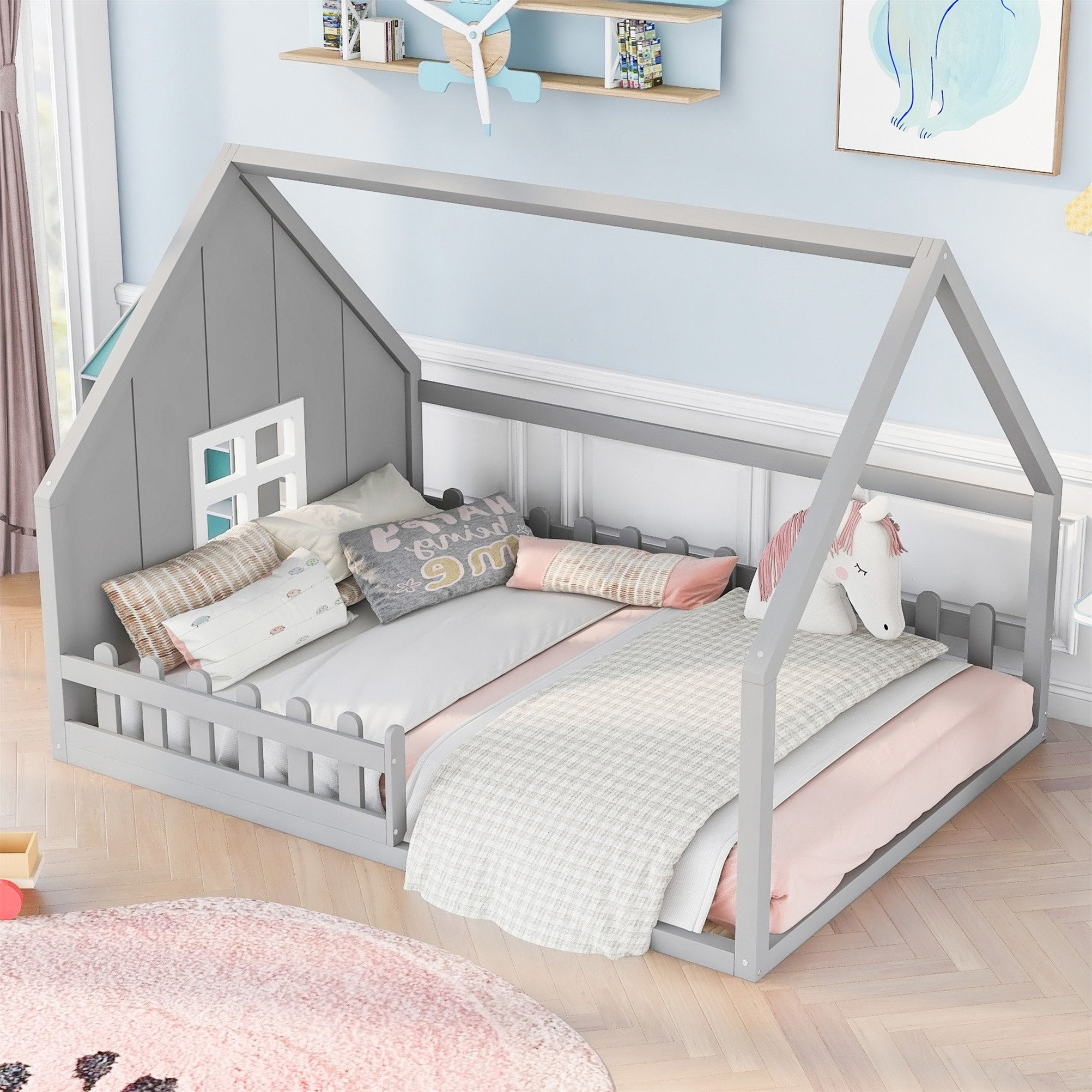 Harper Orchard Full Size Wood House Bed With Window And Fence | Wayfair