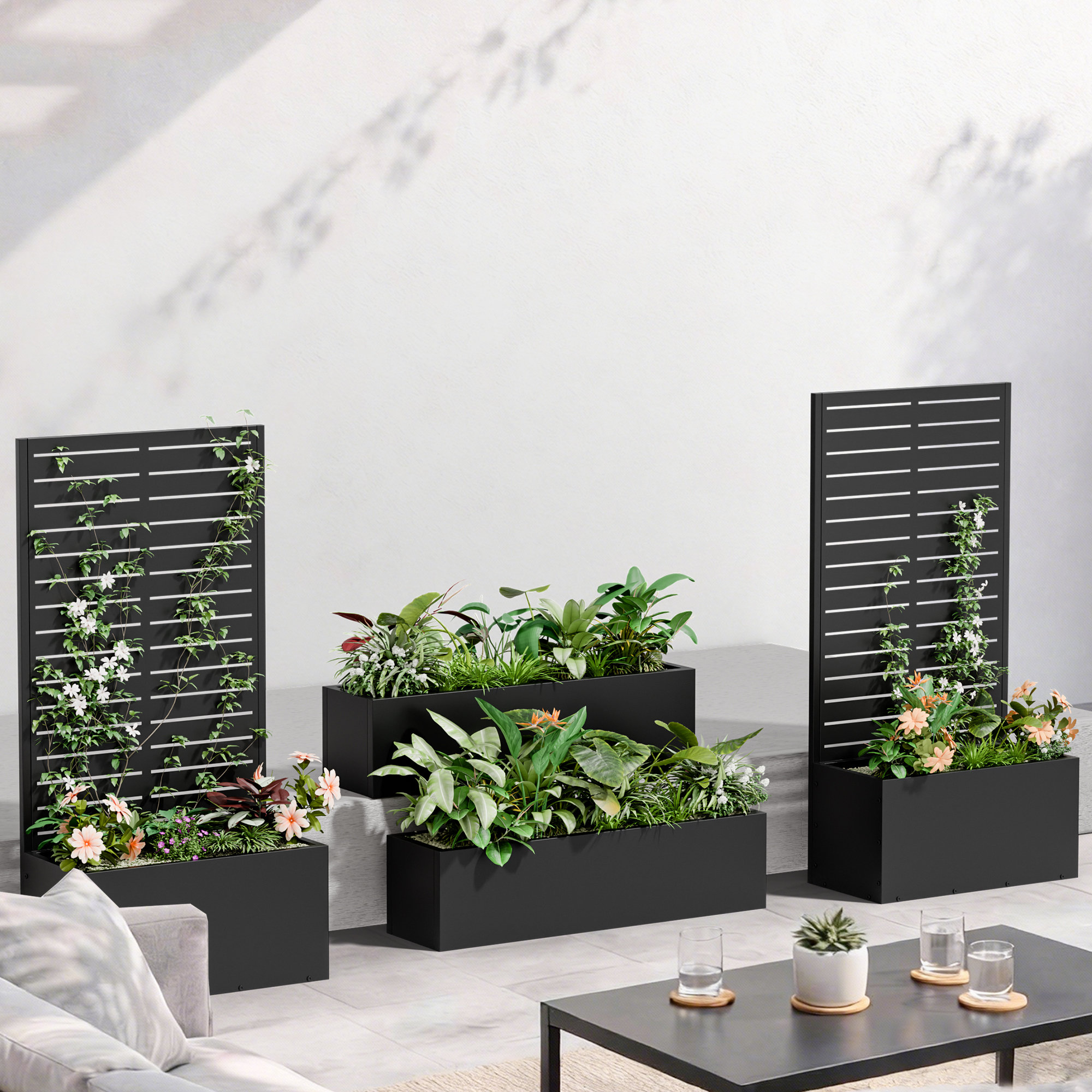 Latitude Run® Outdoor Rectangle Metal Planter Box with Trellis ...