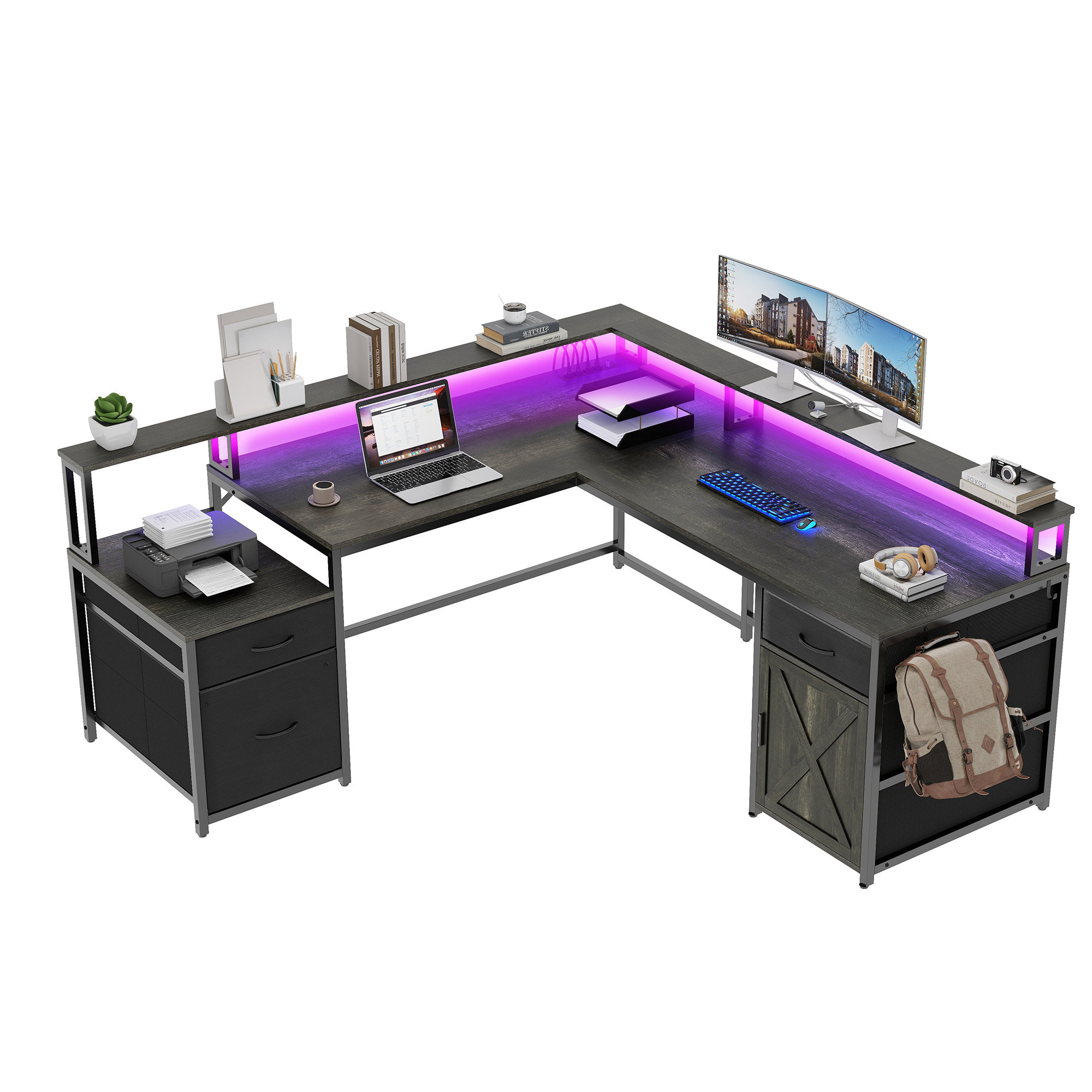 Wrought Studio™ 63'' L-Shaped Desk With Power Outlets & LED Lights ...