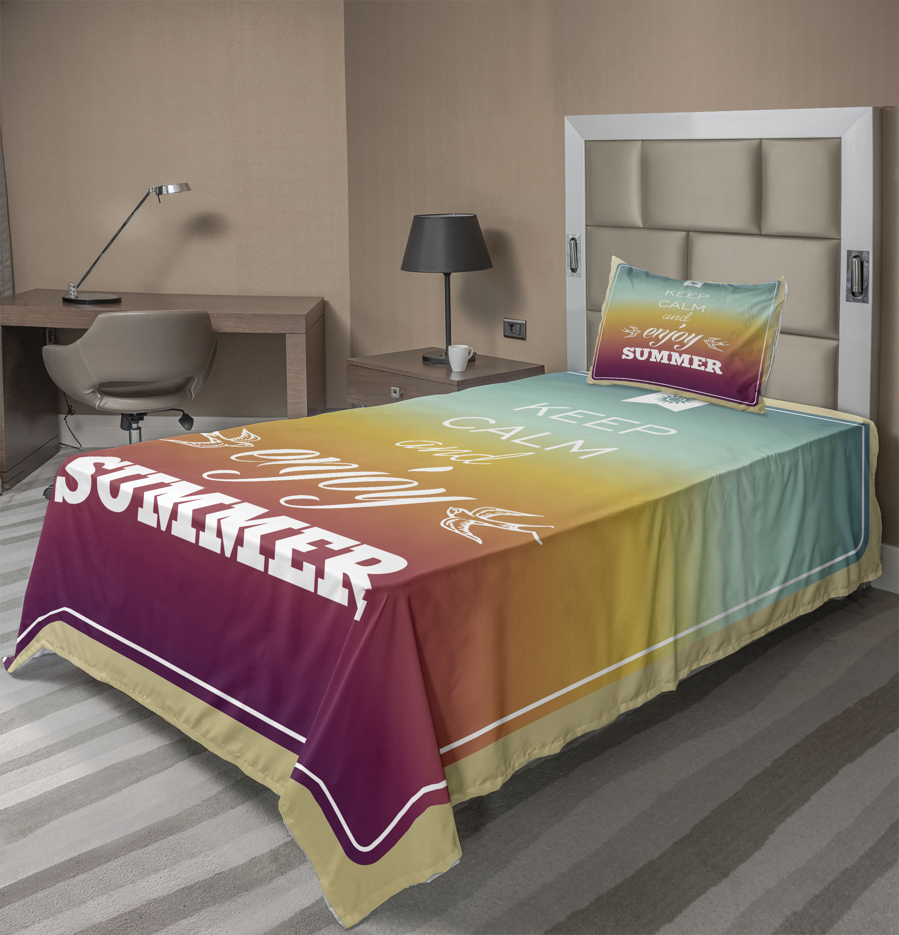 Ambesonne Summer Sheet Set Keep Calm and Enjoy Summer Cadet Blue Brown ...