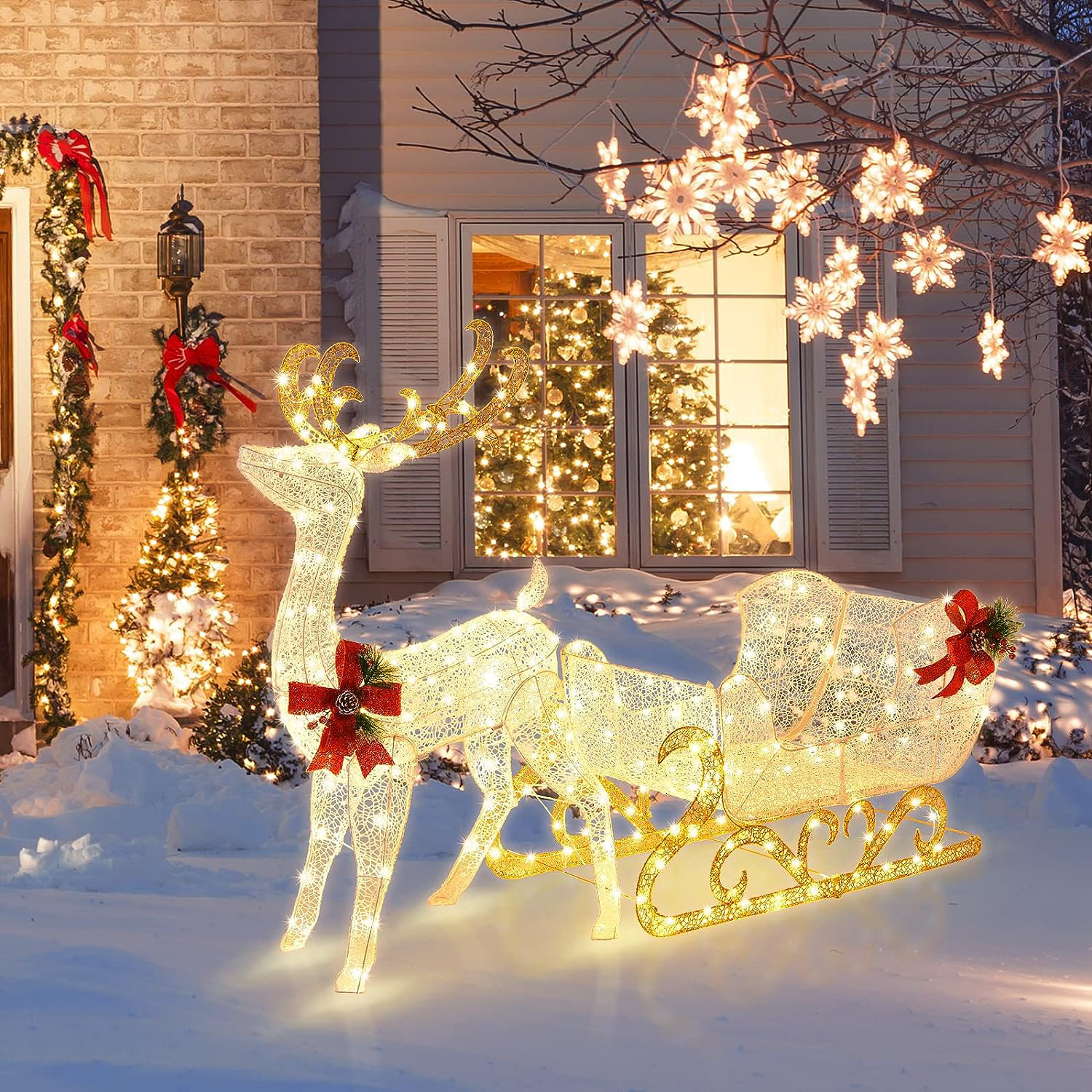 The Twillery Co Christmas Lighted Reindeer And Santas Sleigh Lighted