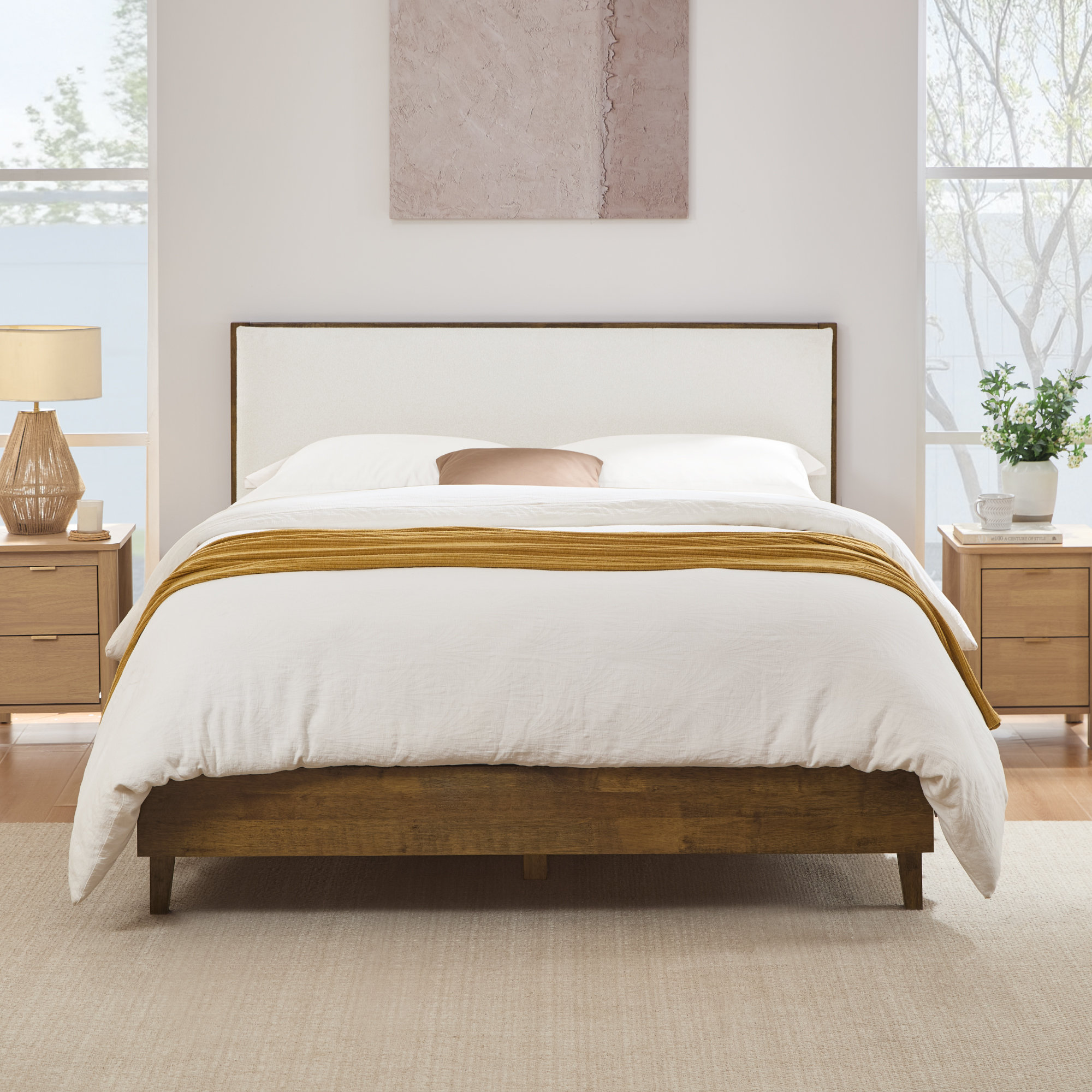 Latitude Run® Rezana Solid Wood Boucle Upholstered Headboard Bed Frame ...
