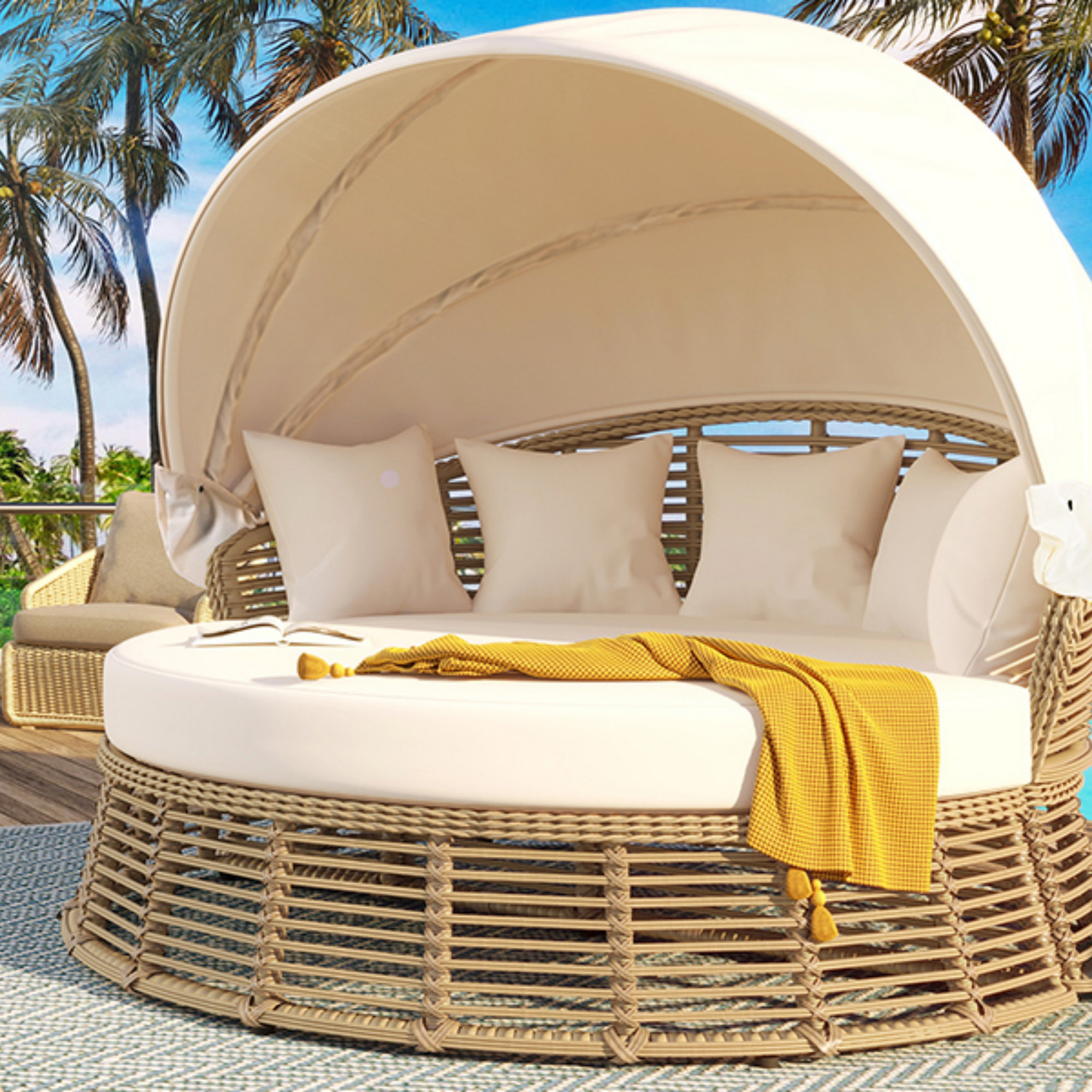 Bay Isle Home™ Outdoor Patio Rattan Round Daybed With Retractable Canopy, Wicker Furniture Round ...