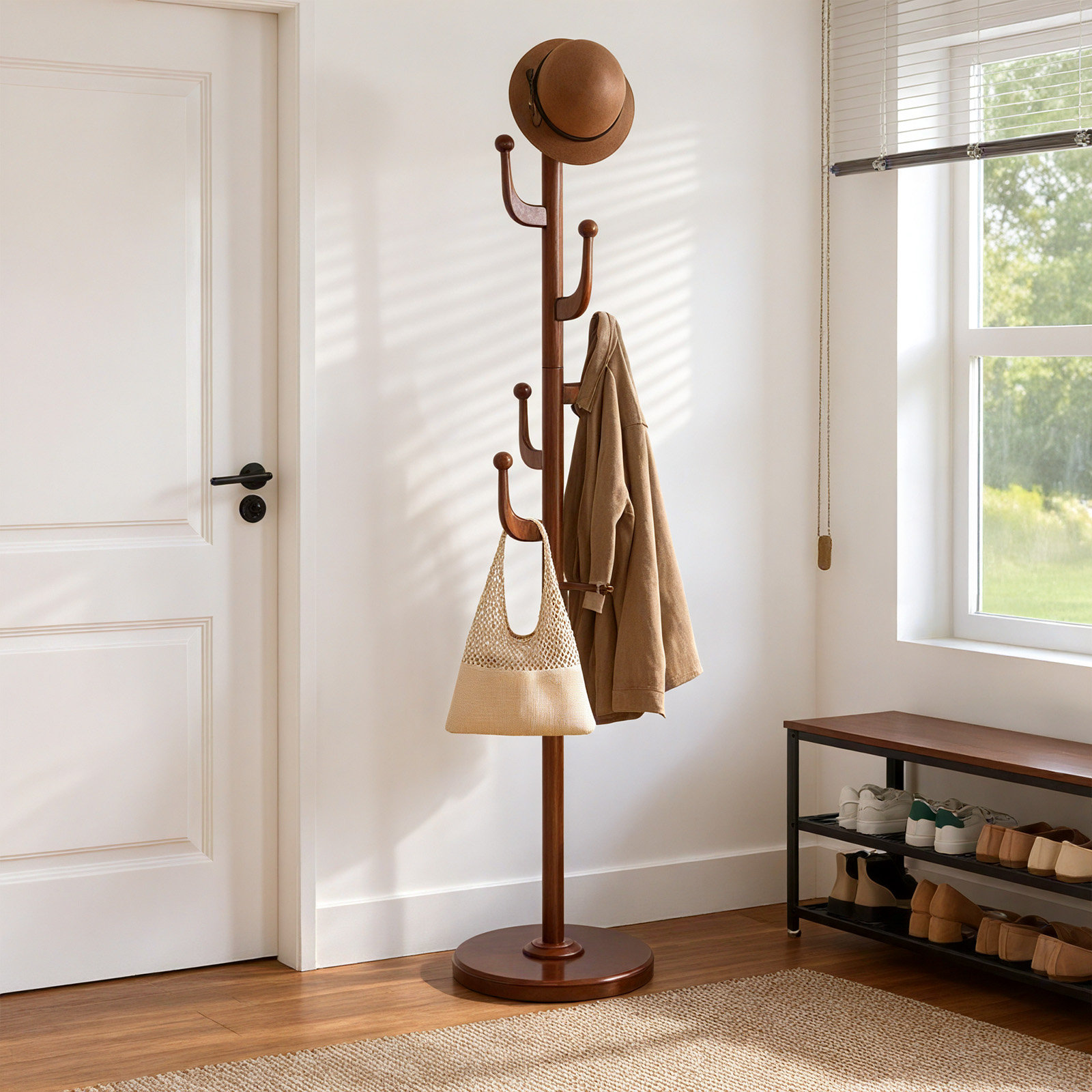 Gracie Oaks Wooden Coat Rack Freestanding - Heavy Duty Coat Tree Stand ...
