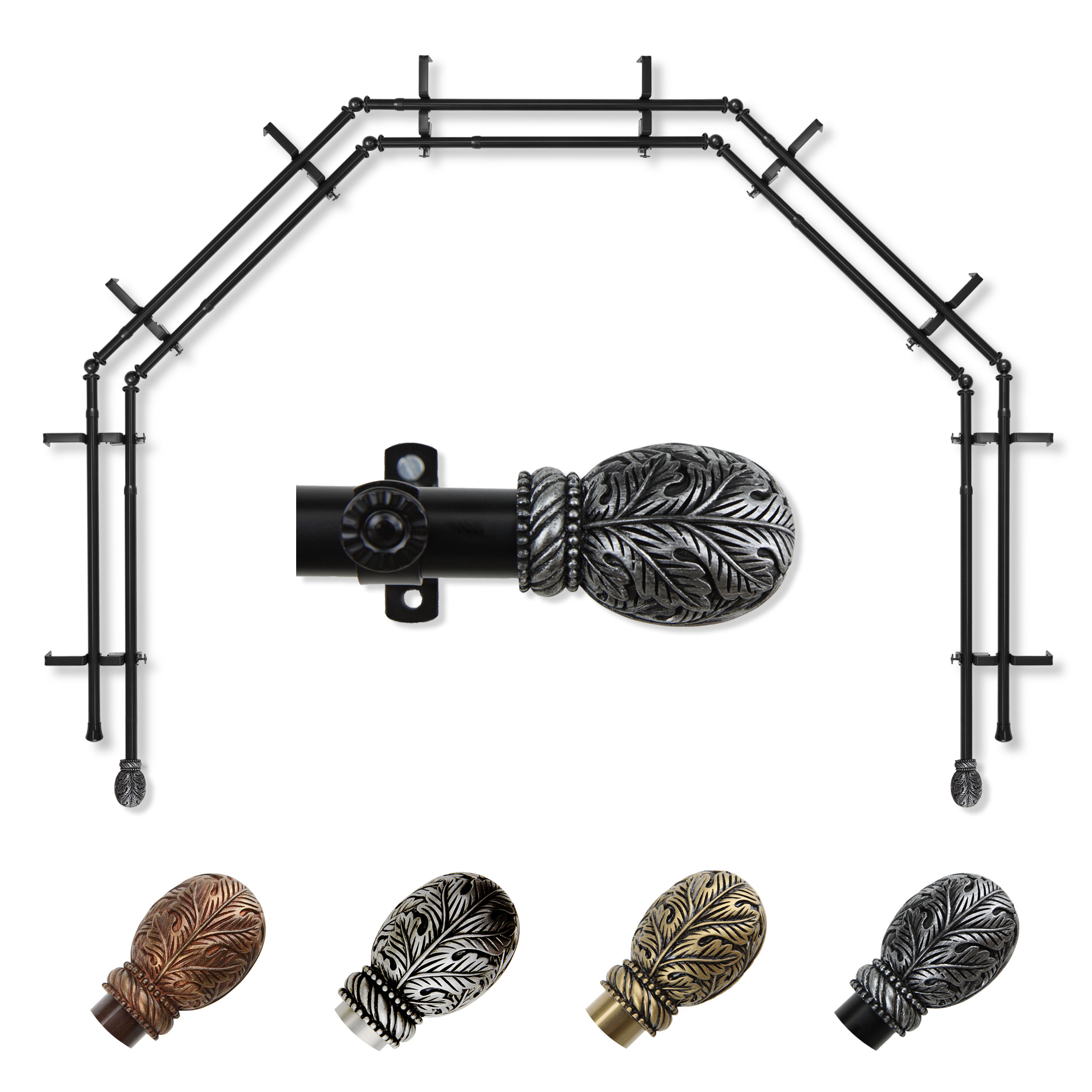 Rod Desyne Adjustable 28'' to 48'' 0.81'' Bay Window Double Curtain Rod ...