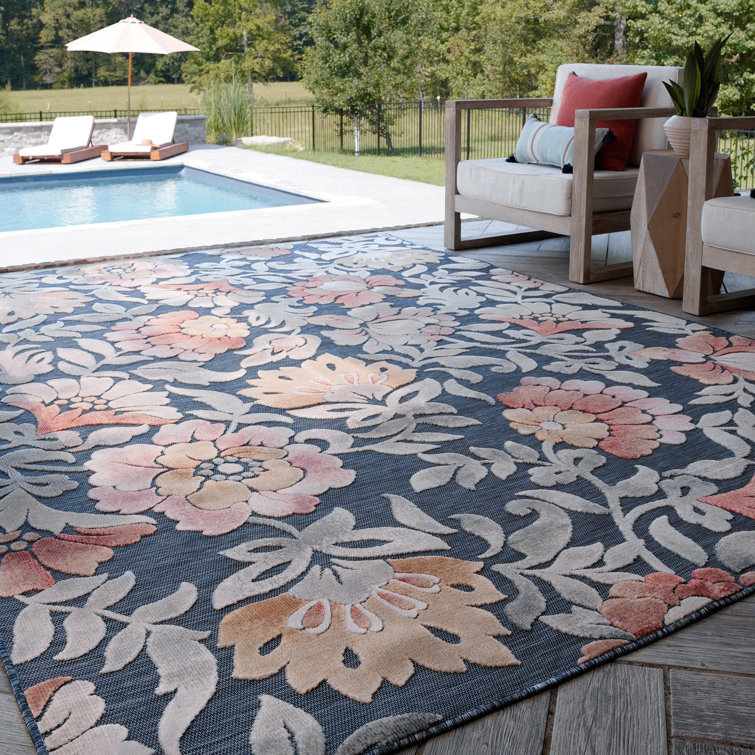 Bayou Breeze Elaina Transitional Floral Area Rug, Dark Blue | Wayfair