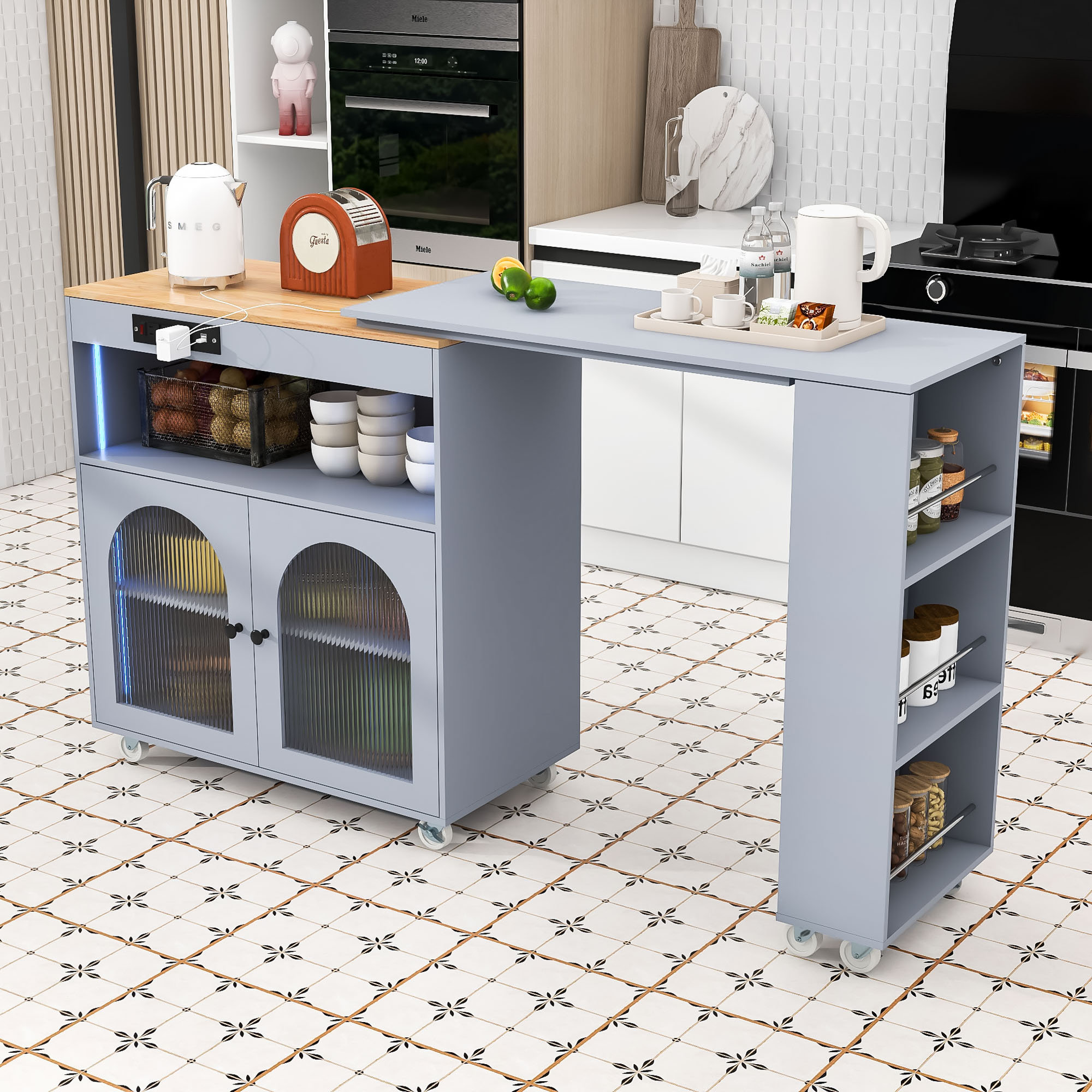Ivy Bronx Expandable Mobile Kitchen Island with Fluted Glass Doors and ...