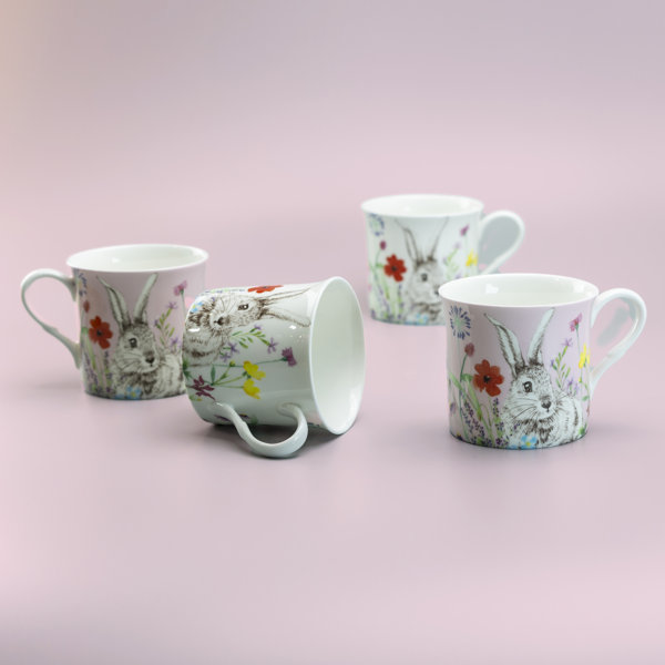 Coastline Imports Pink And White Happy Bunny Rabbit Bone China Mug, Set ...