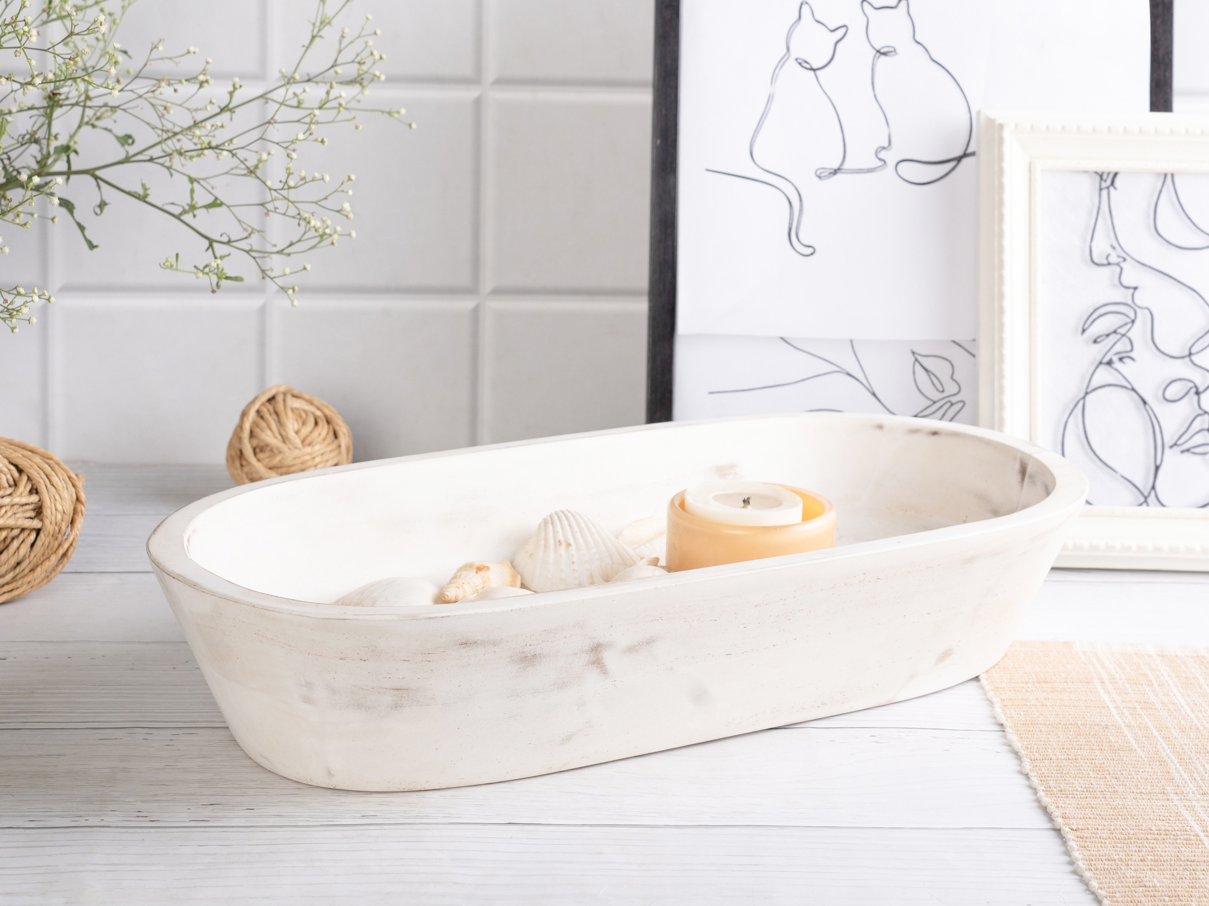 LuxeDesigns Rustic White Wooden Dough Bowl – Large Hand-Carved ...