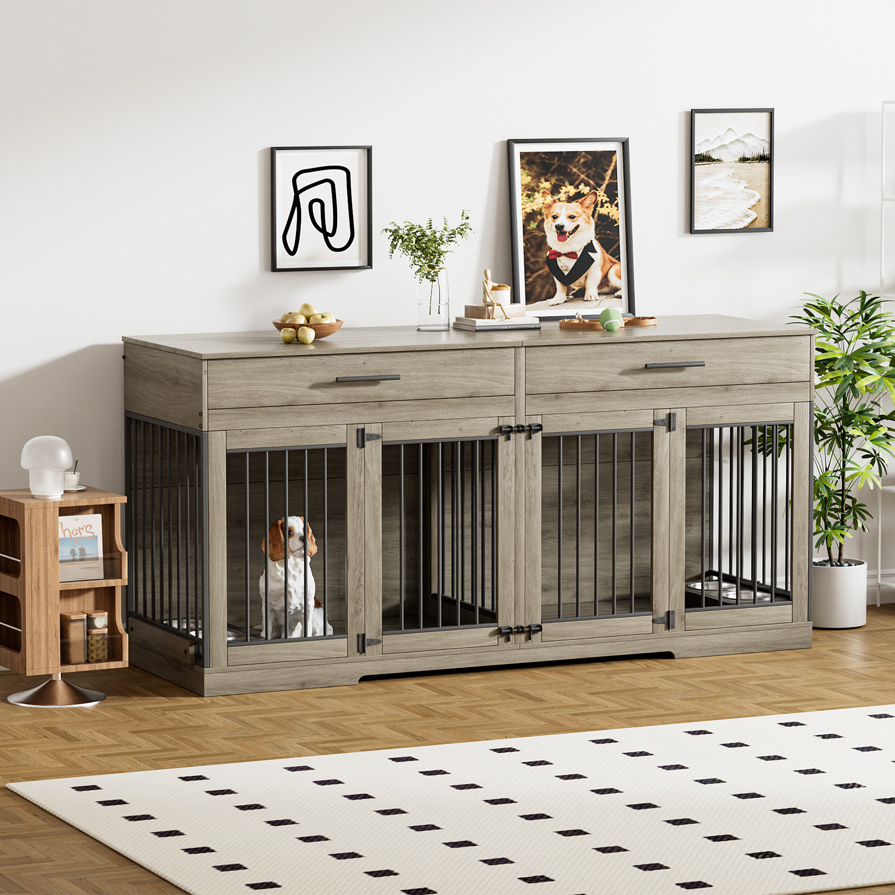 One Allium Way® Furniture Style Wooden Dog Crate With Room Divider And ...