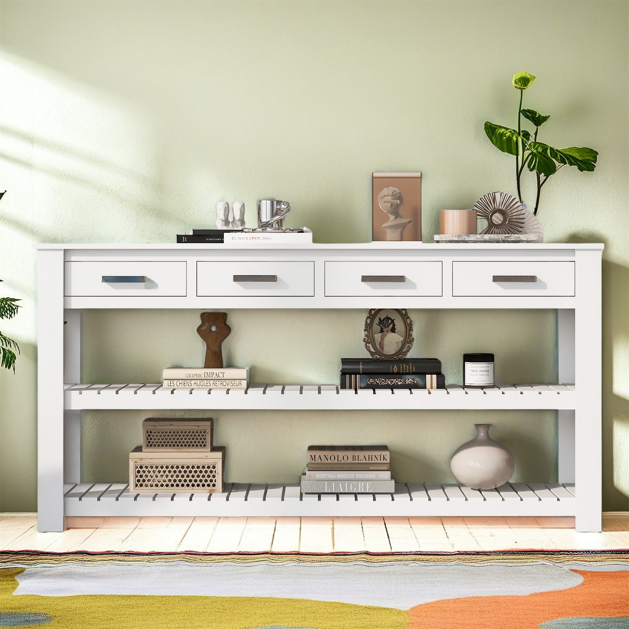 Latitude Run® Vintage Minimalist Stylish Entryway Console Table With 4 Drawers And 2 Shelves ...