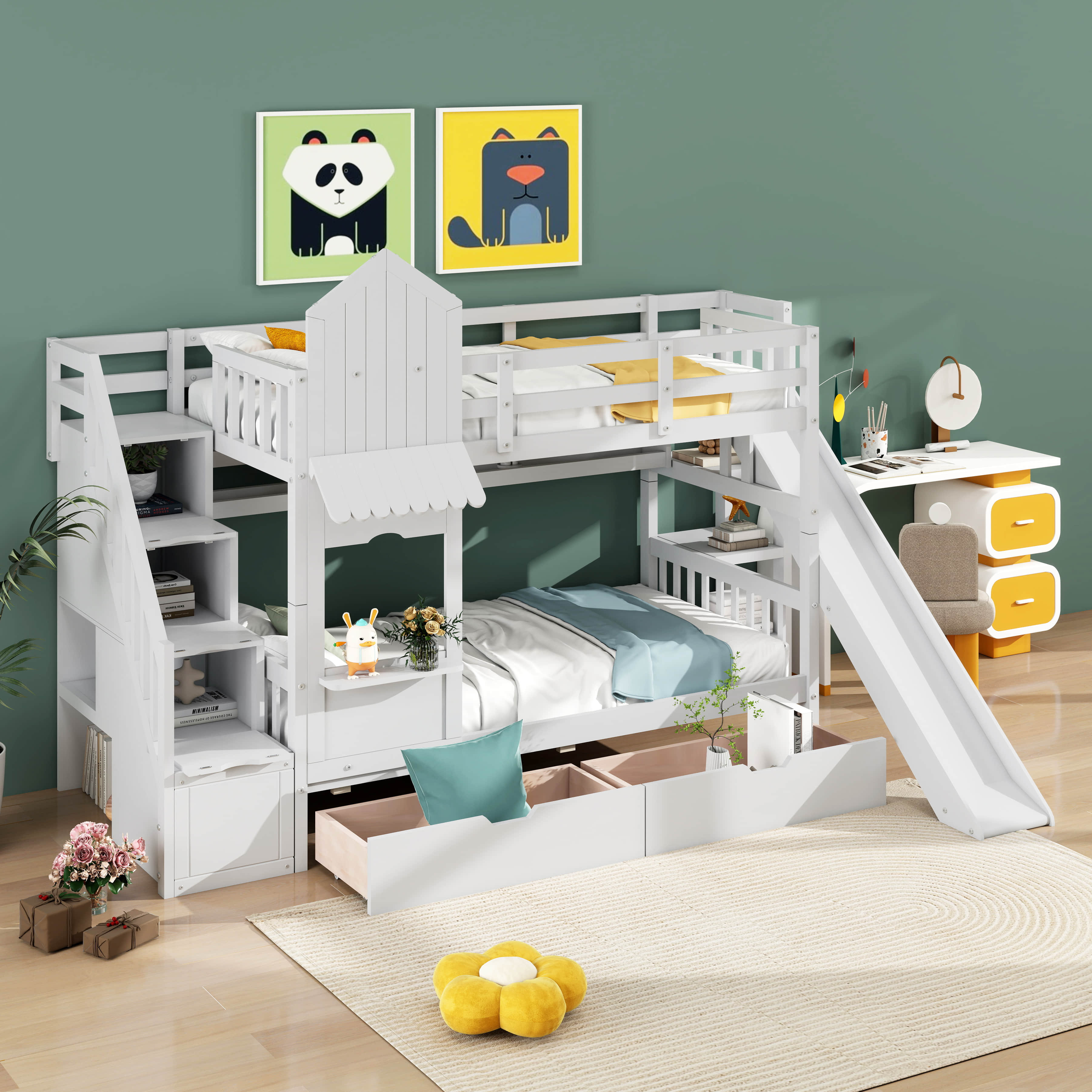 Harriet Bee Ietta Kids Bunk Bed with 2 Drawers 3 Shelves and Slide | Wayfair