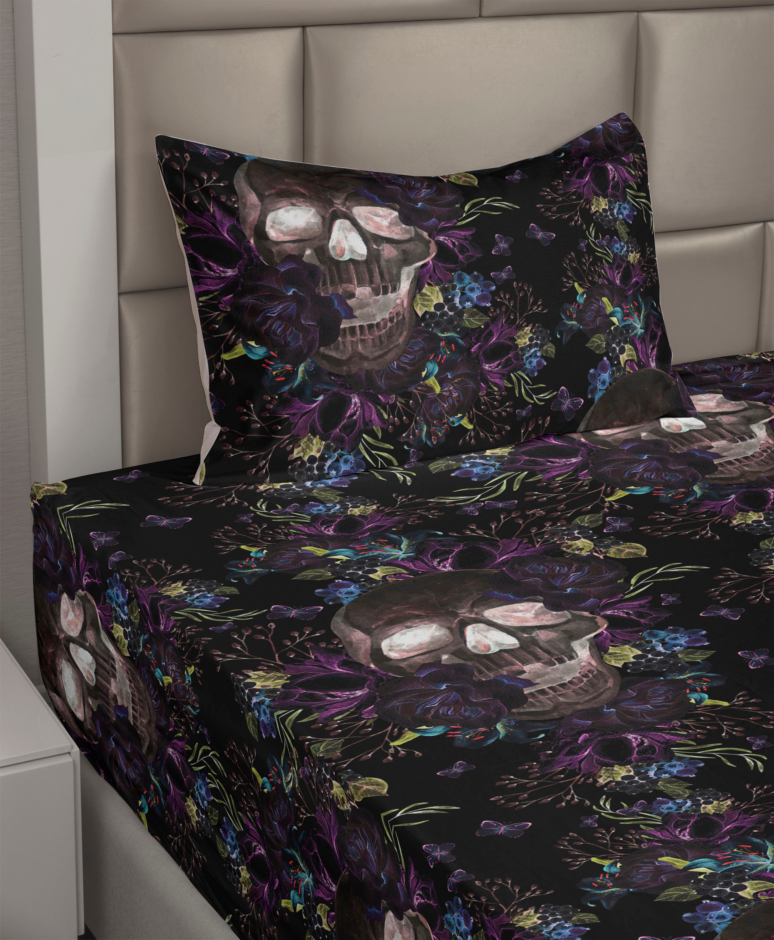 Ambesonne Halloween Sheet Set Spooky Skull Exotics Boho Dark Magenta ...