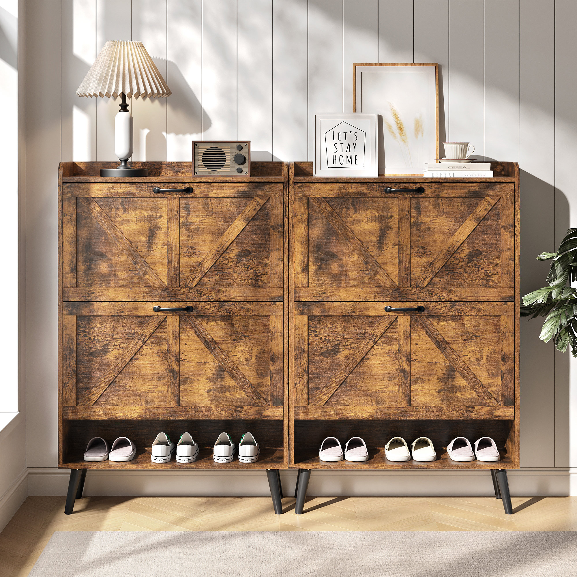 JOZZBY Farmhouse Shoe Cabinet with Drawer, MDF Wood Hidden Shoe Storage ...