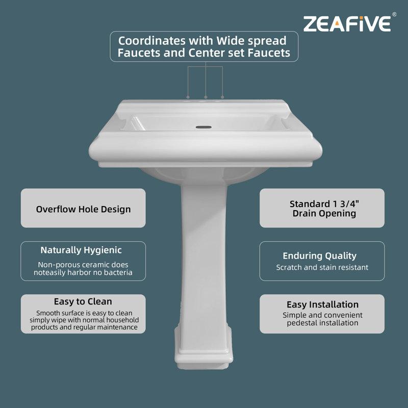 ZEAFIVE Pedestal Bathroom Sinks 34.37'' Tall Ceramic Rectangular ...