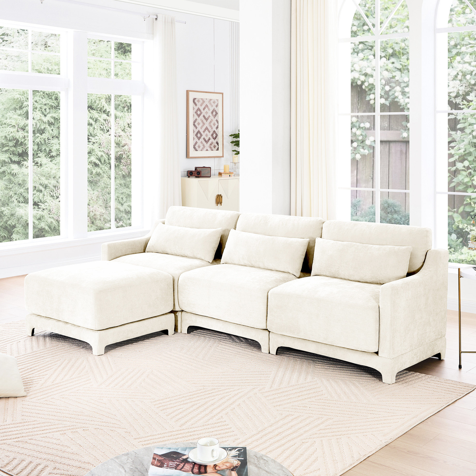 Mercer41 Three - Seater Chenille In Beige, Two Movable Ottomans, High ...