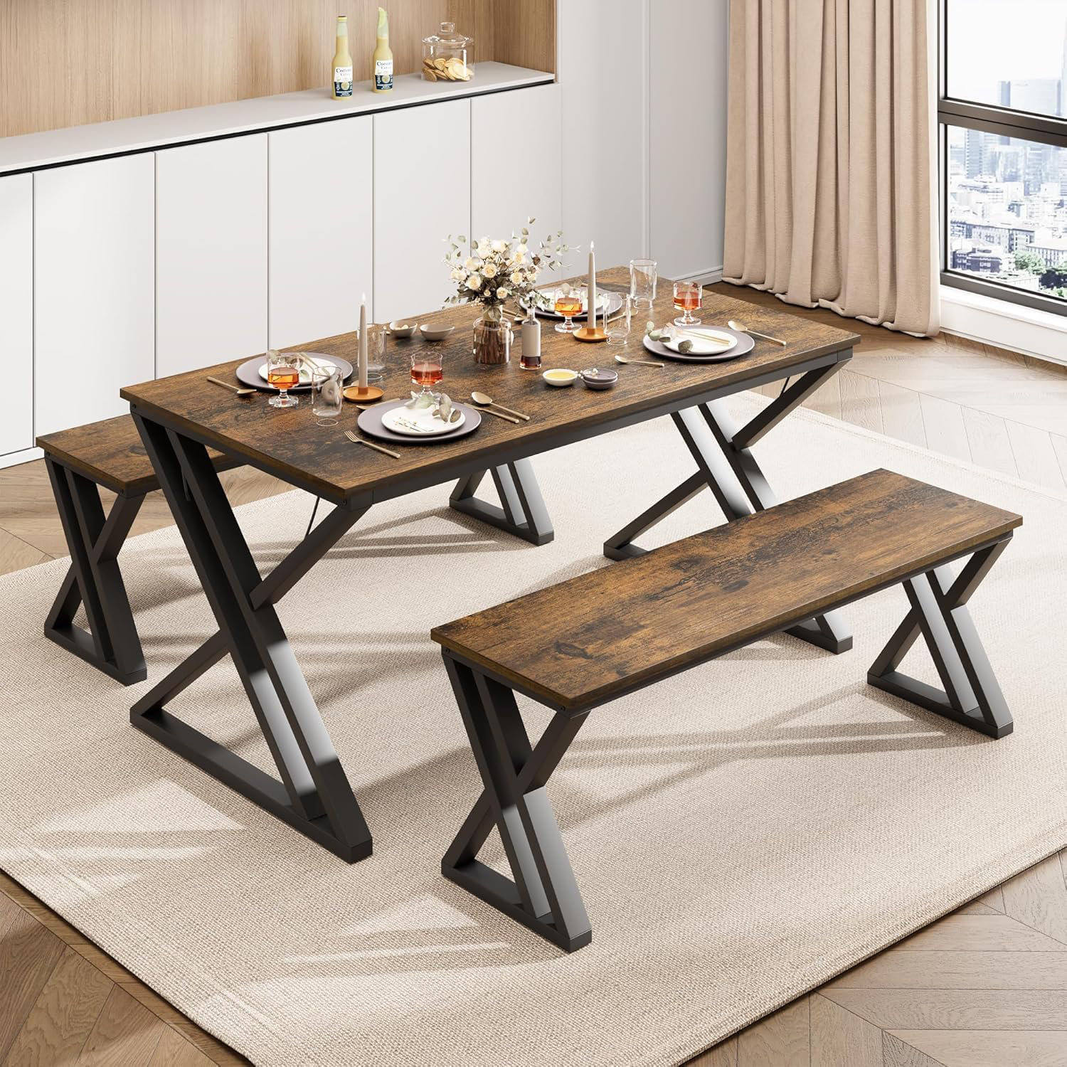 Ebern Designs Kitchen Table with Benches, Dining Table Set for 4 with ...