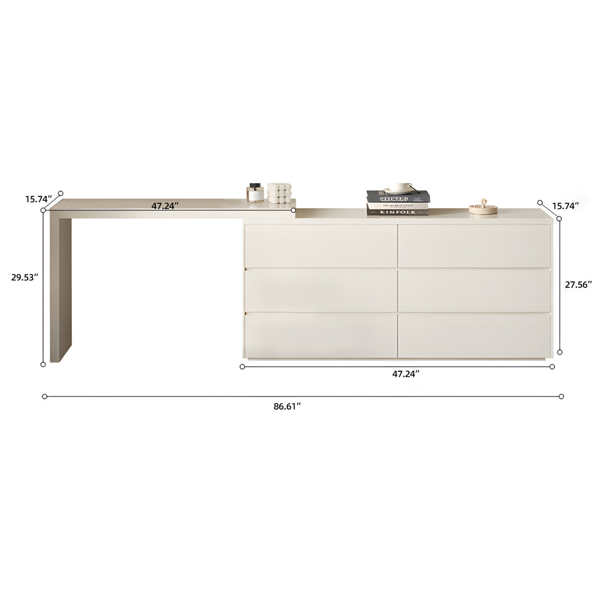 Ivy Bronx Cream Vanity Extendable Vanity Table with 6 Drawers Modern ...