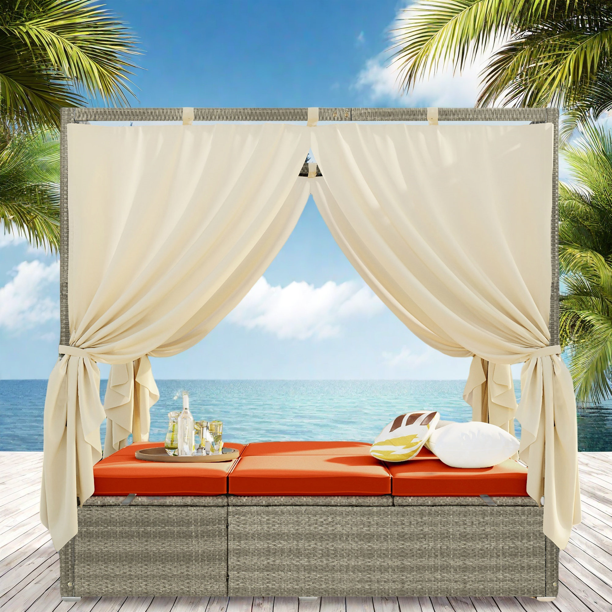 Latitude Run® Outdoor Sun Bed With Curtain And Adjustable Backrest ...