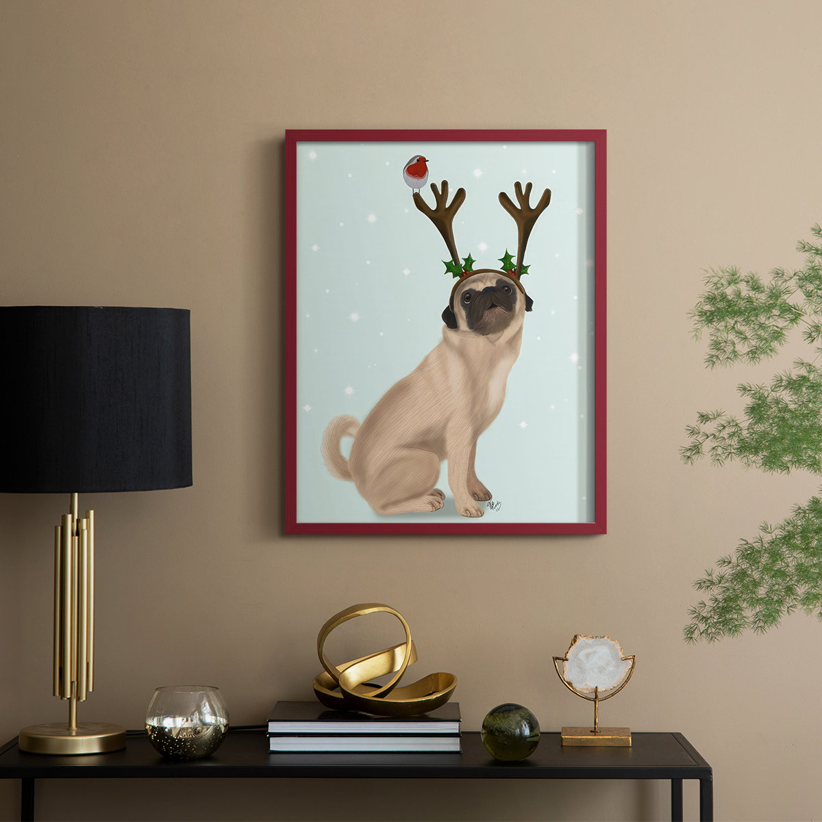 Dakota Fields Christmas Pug with Antlers and Robin Framed Print - Solid ...