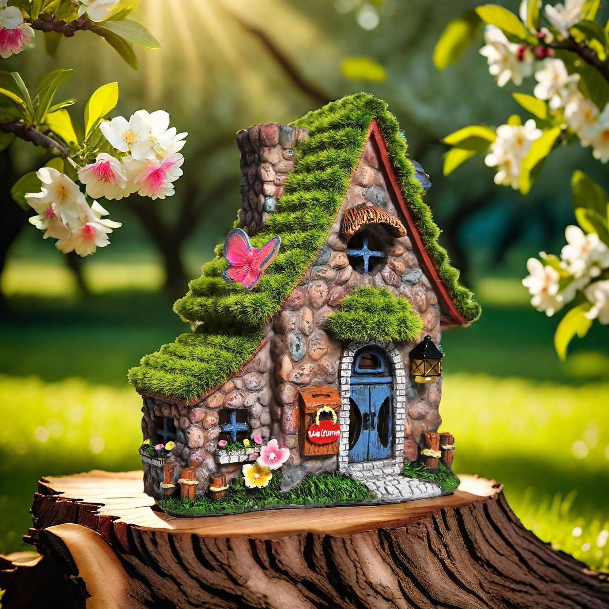 Trinx Solar Powered Resin Fairy House Statue - Flocked & Cobblestone ...
