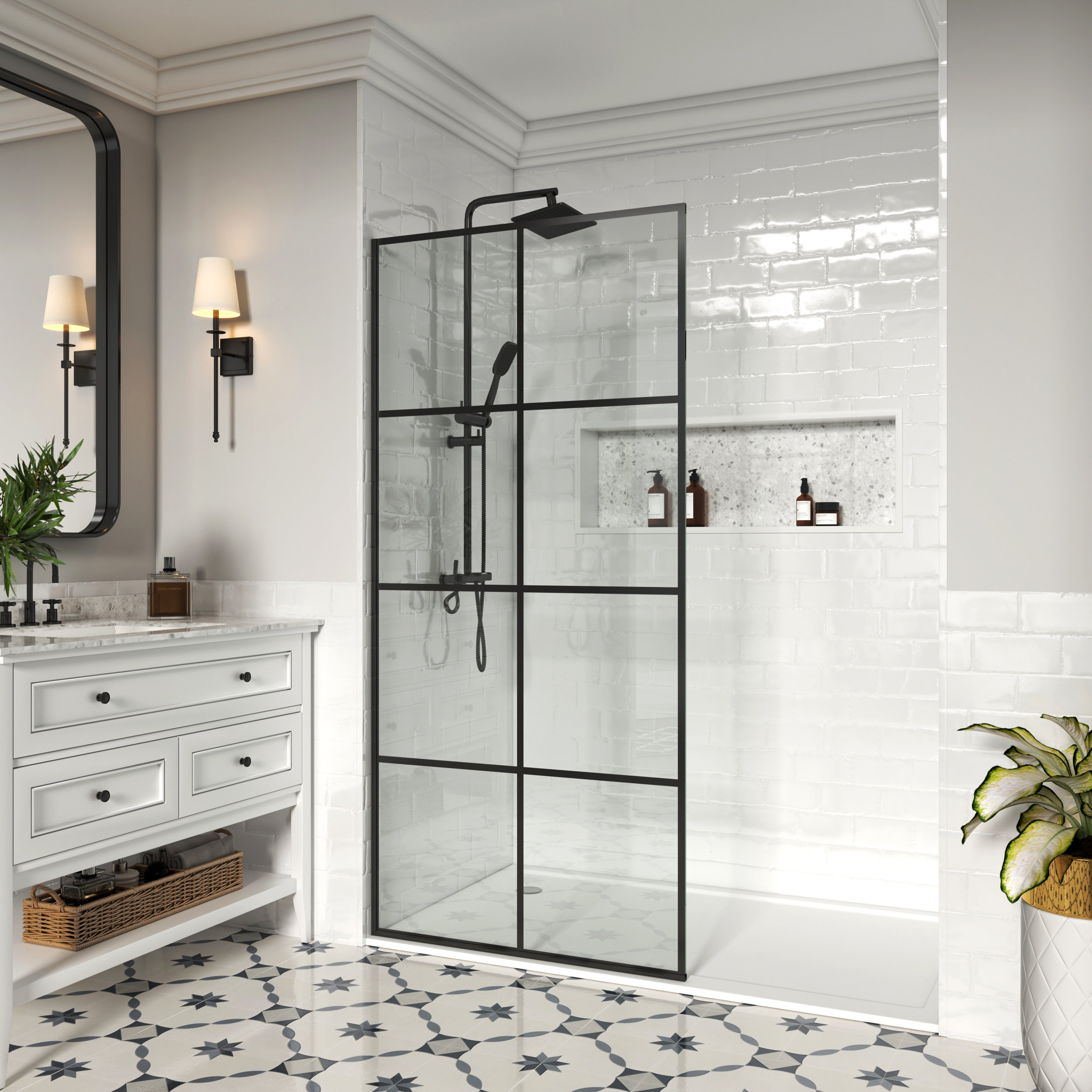 MCOCOD 36" W x 76" H Fixed Single Panel Shower Door in Matte Black with ...