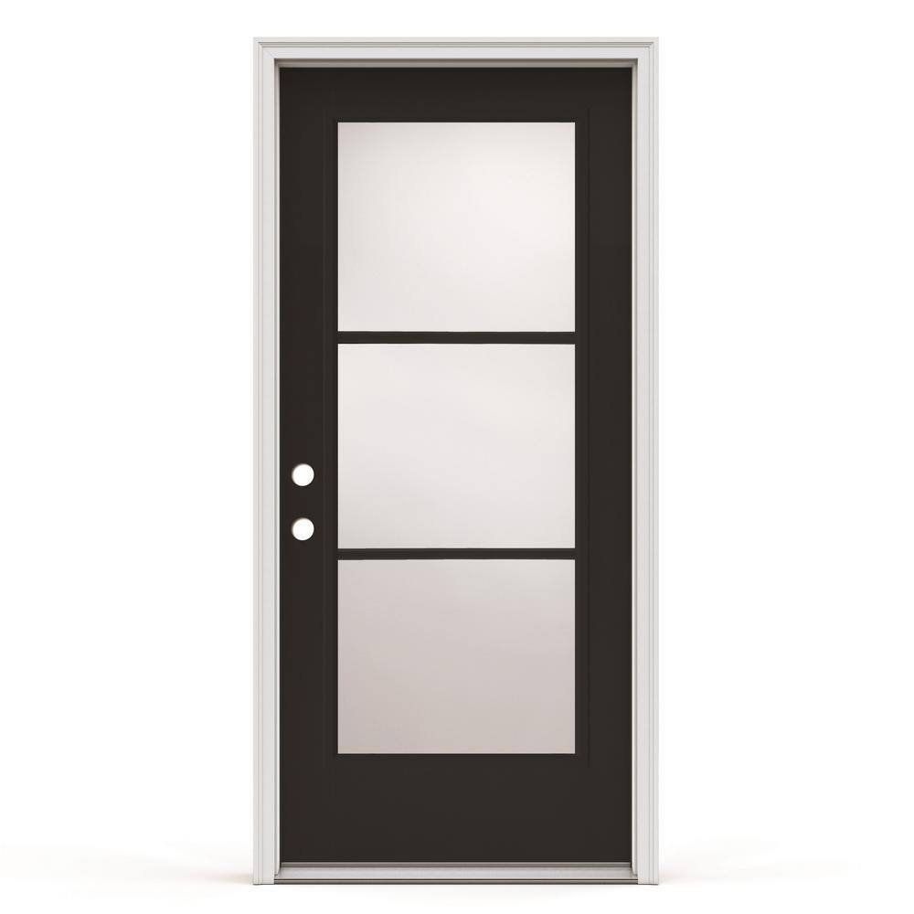 JELD-WEN 36 in. x 80 in. 3-Lite Clear Glass Black Exterior with White ...