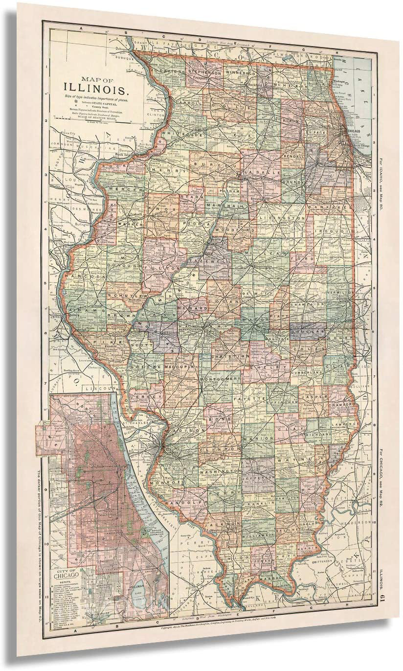HISTORIC PRINTS Historix Vintage 1891 Map Of Illinois With Closeup Of ...