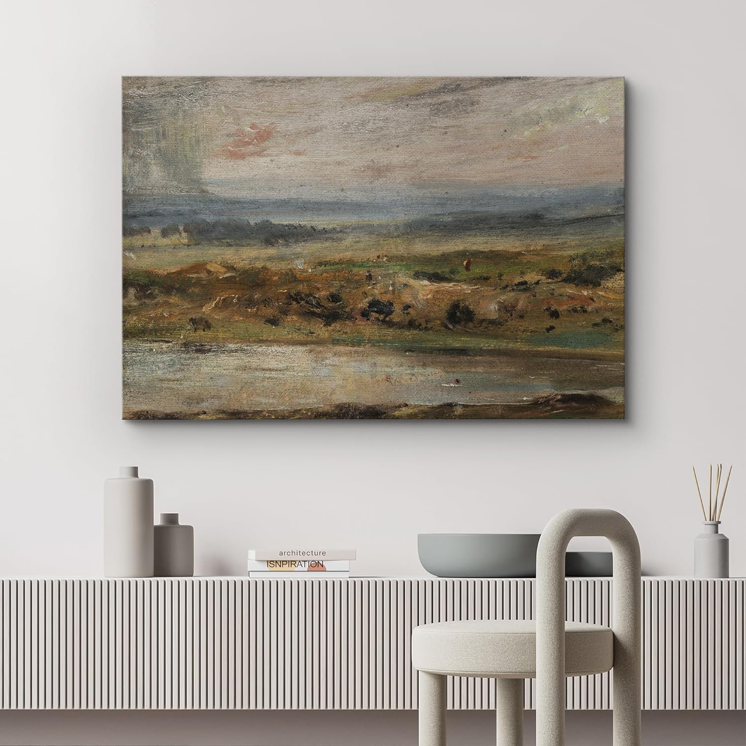 IDEA4WALL Rustic Countryside Village River Nature Landscape Farmhouse Décor Large Frame Canvas ...