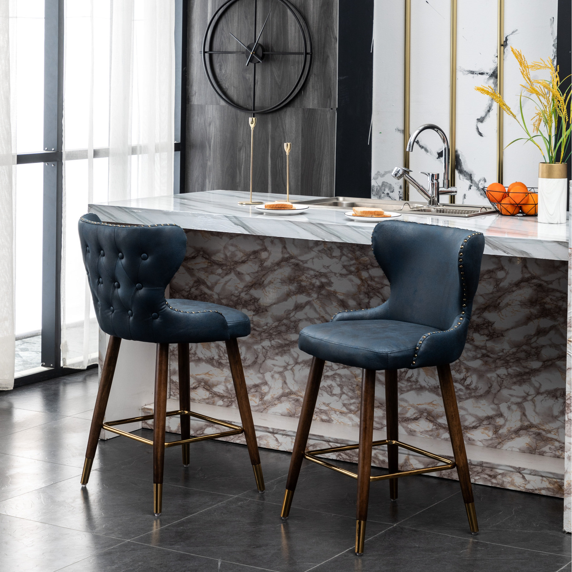 Everly Quinn 2 Mid-century Modern Counter Stools In Blue, Faux Leather ...