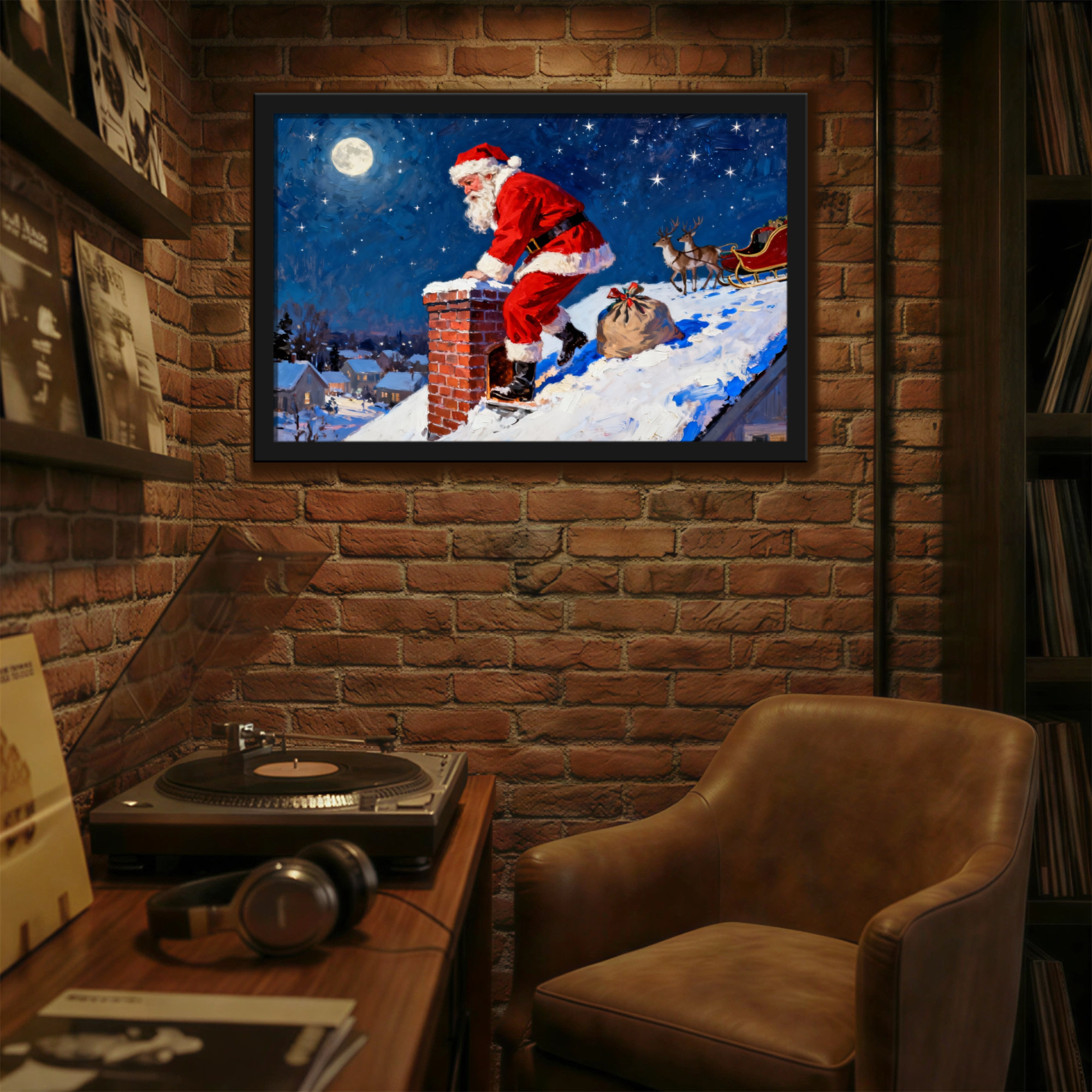 Canora Grey Christmas Santa Climbs Chimney Under Moonlight With ...