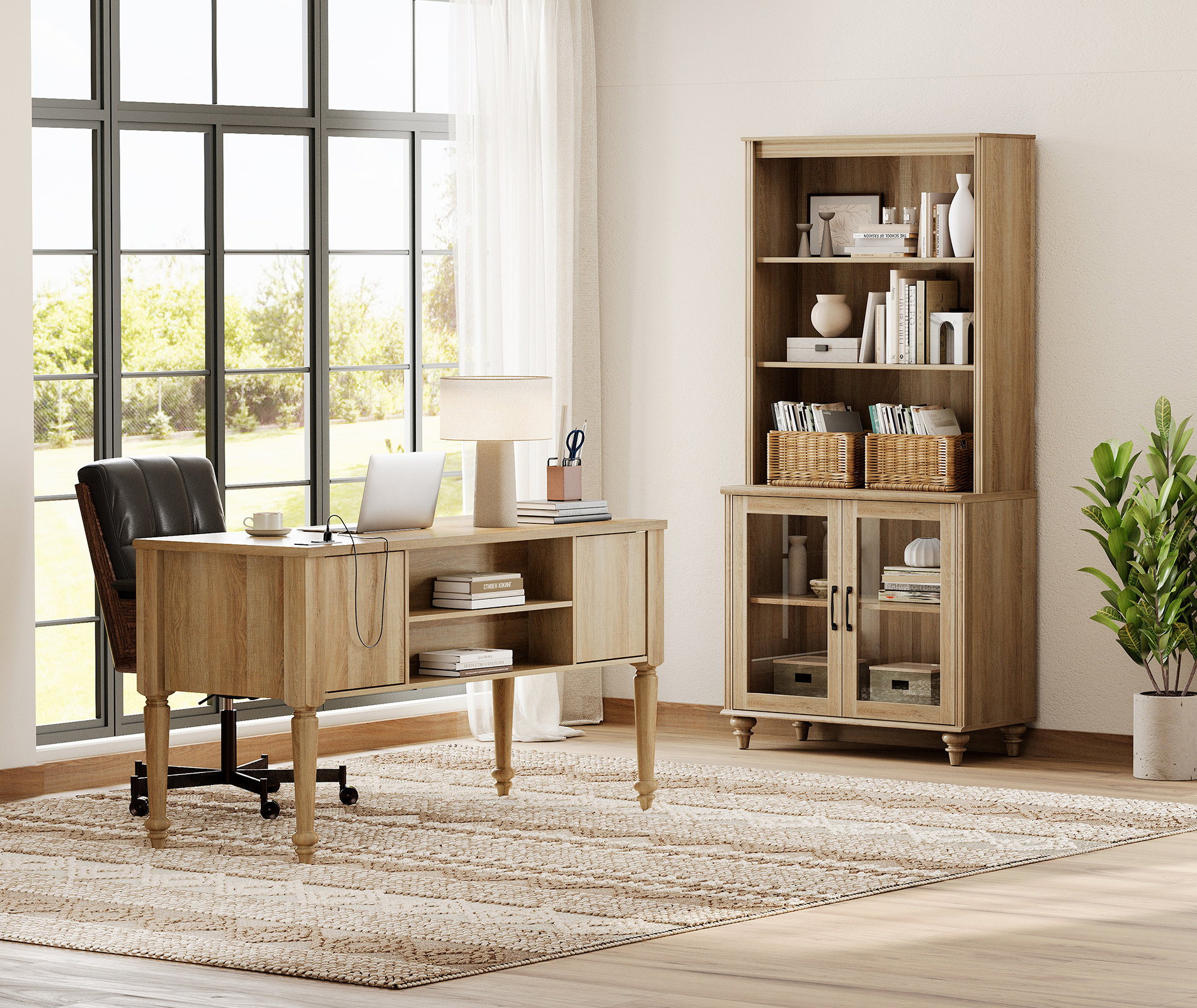 Winston Porter 2 Piece Office Set, 56" Executive Desk & Bookcase With ...