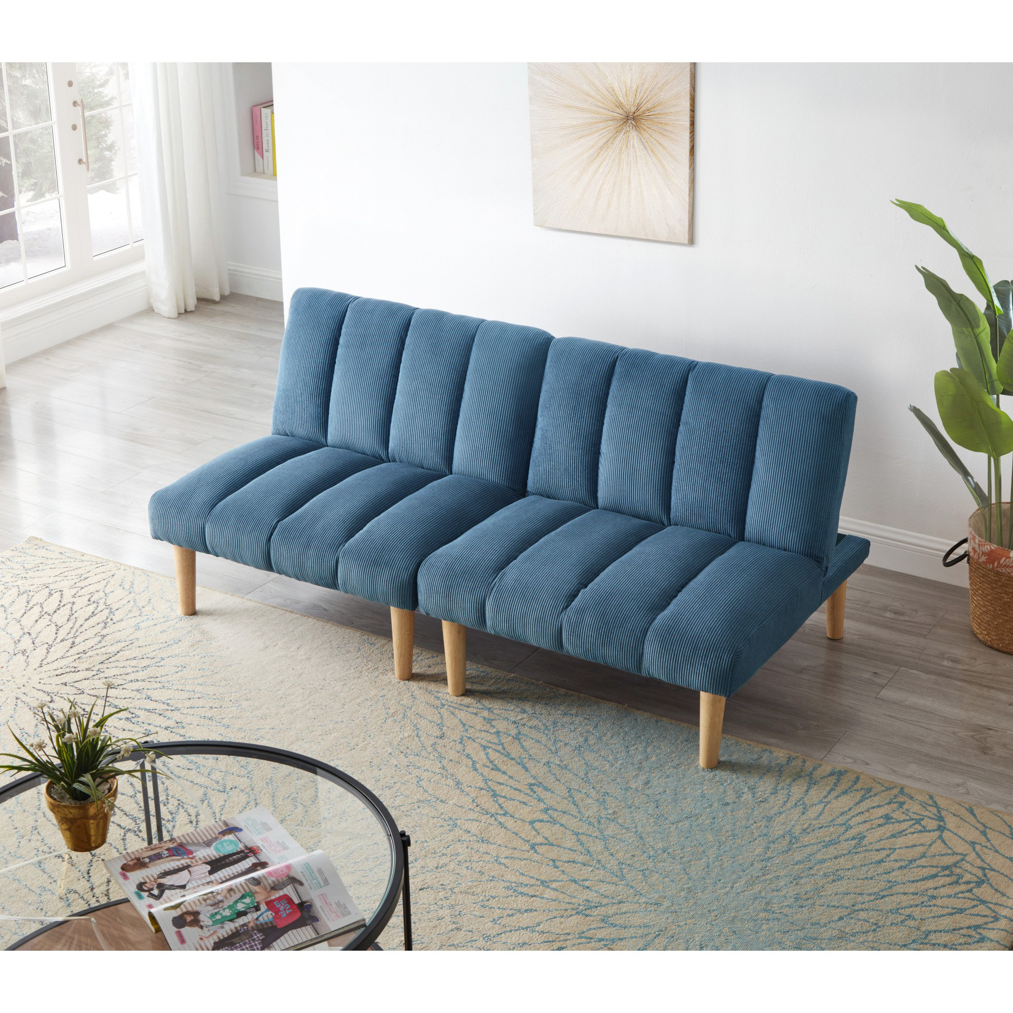 Ebern Designs Modern Convertible Sofa Bed With Blue Corduroy Upholstery And Wooden Legs ...