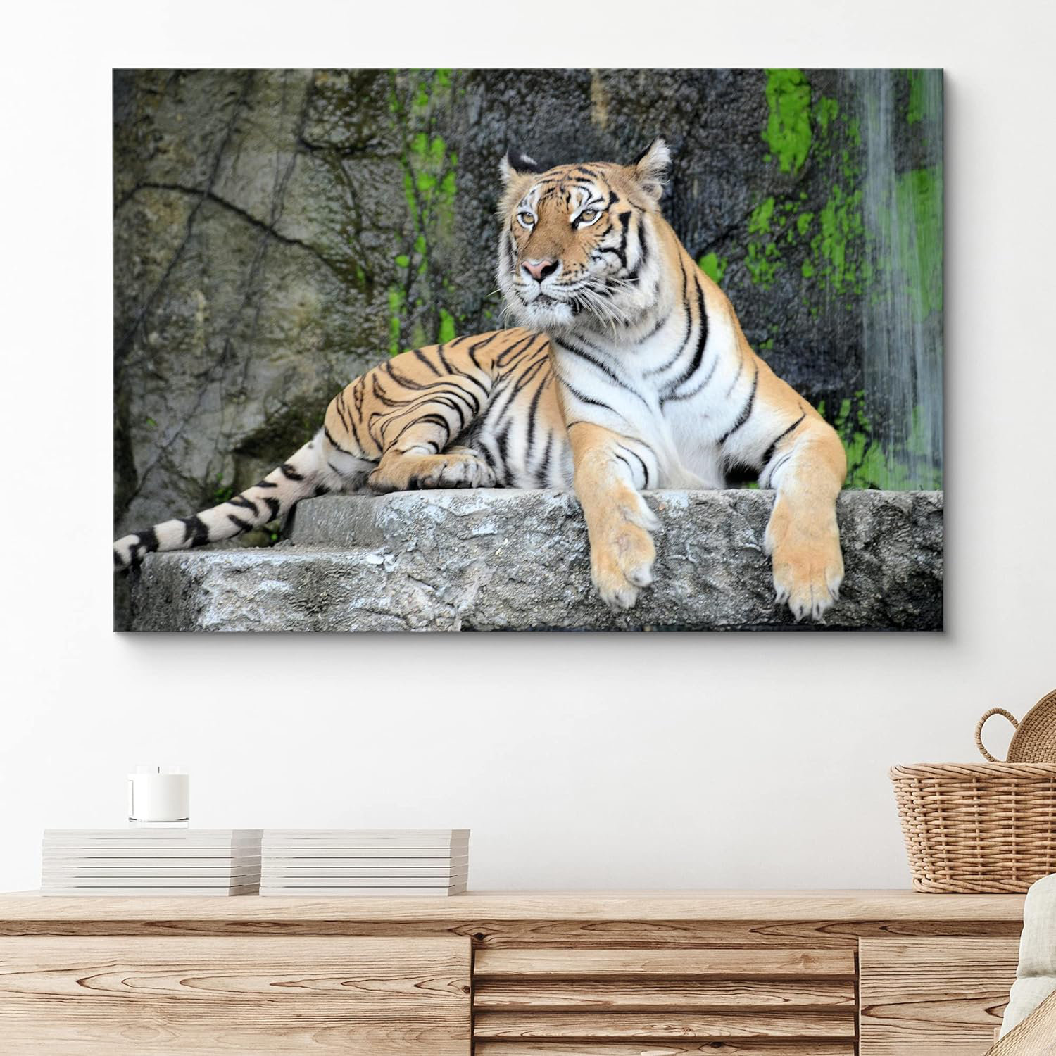 SIGNLEADER Canvas Print Wall Art Tiger Sits On Rocky Forest Waterfall ...