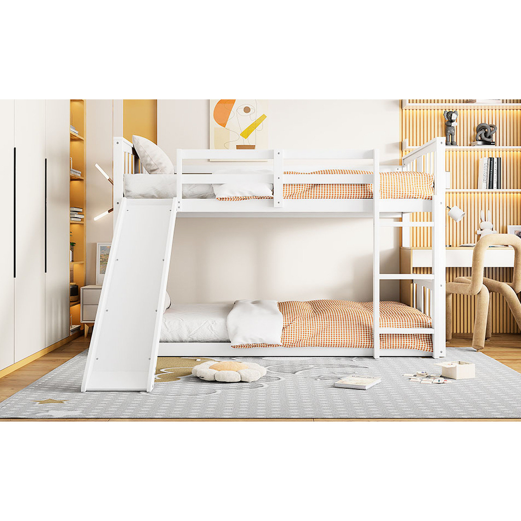 Harriet Bee White Twin Over Bunk Bed With Fun Slide And Solid - Space ...