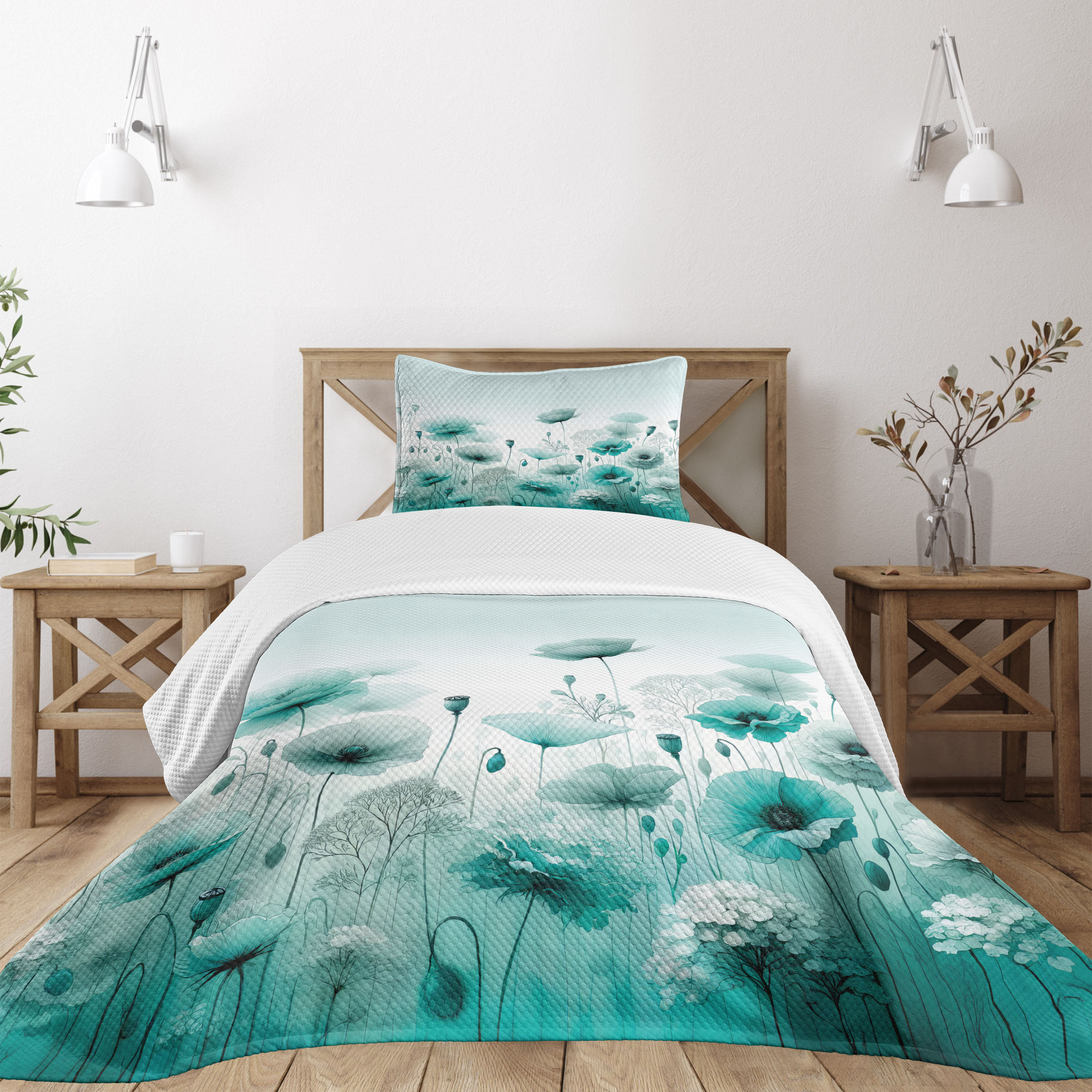 Ambesonne Turquoise Bedspread Set 2 Pcs Chill Flowering Poppy Art Twin ...