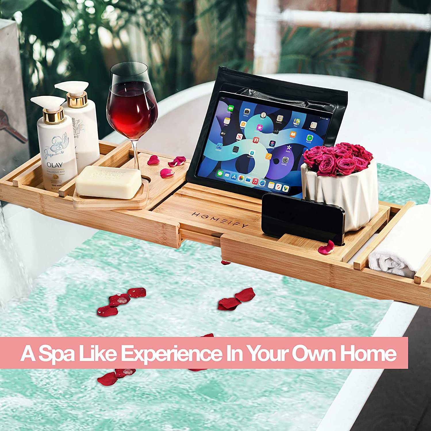 Rebrilliant Premium Bamboo Bathtub Tray Caddy - Waterproof Tablet/Phone ...