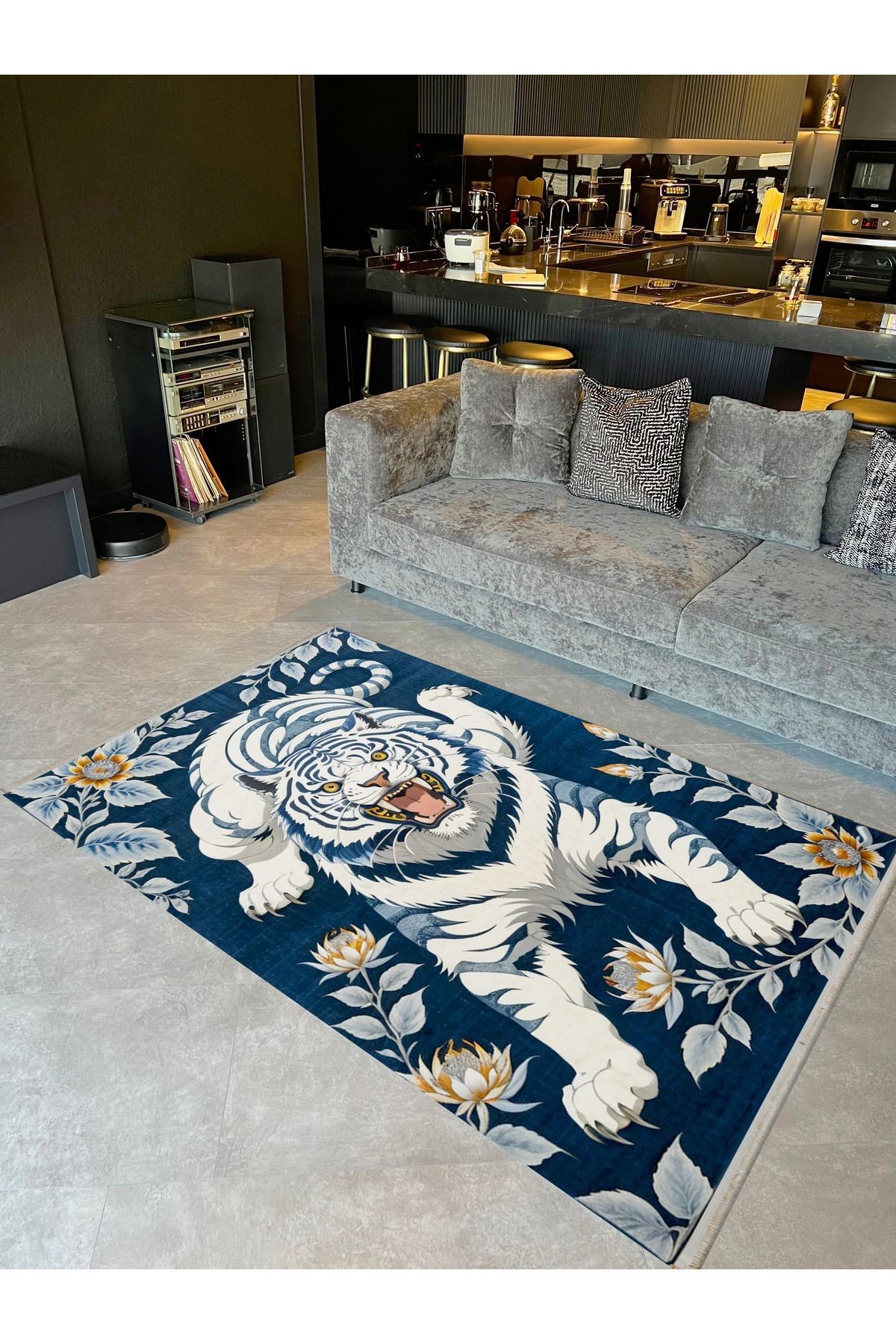 Hokku Designs Tokyo Collection Navy Themed White Tiger and Flower ...