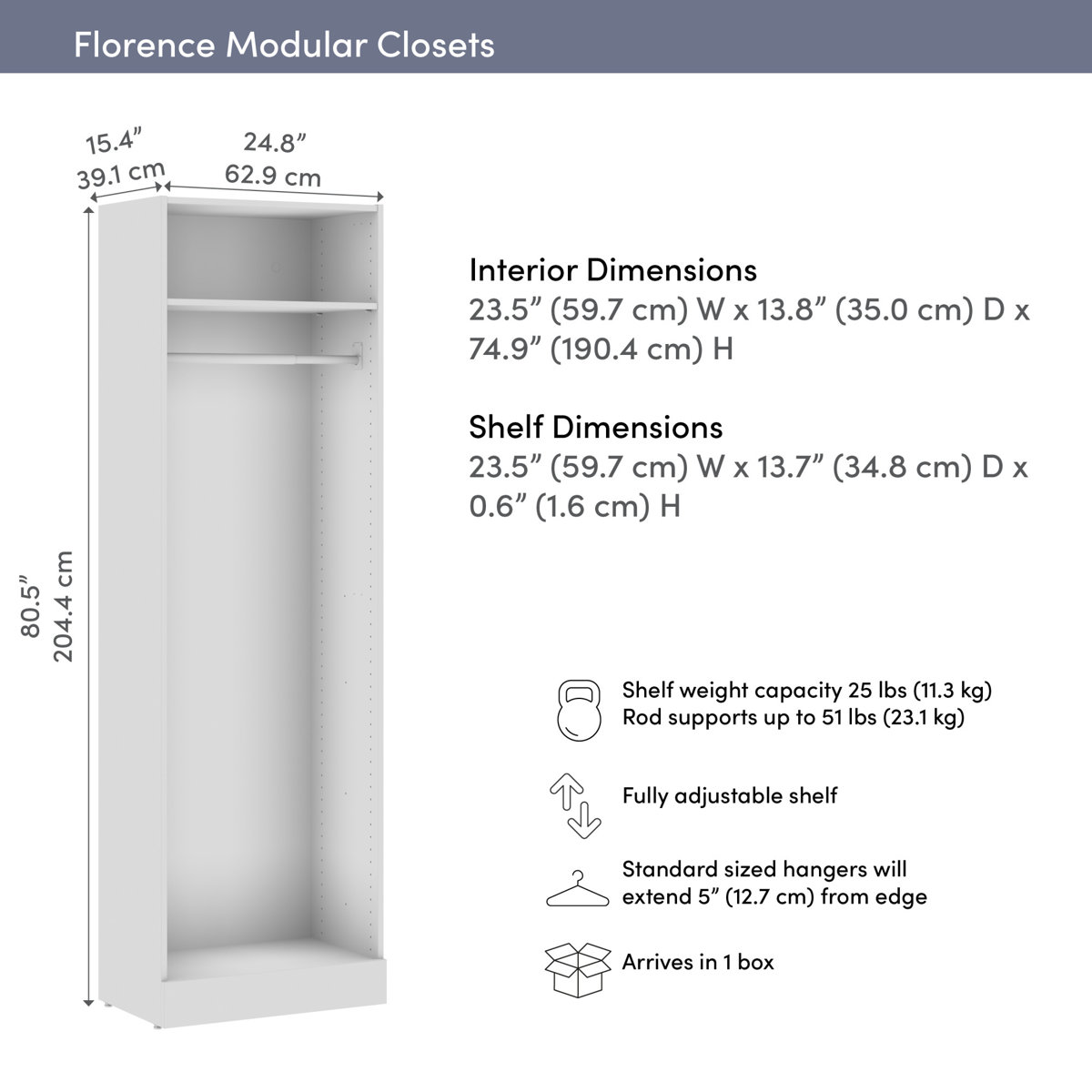 Bestar Florence 25W X 16D Modular Hanging Closet System Tower With ...