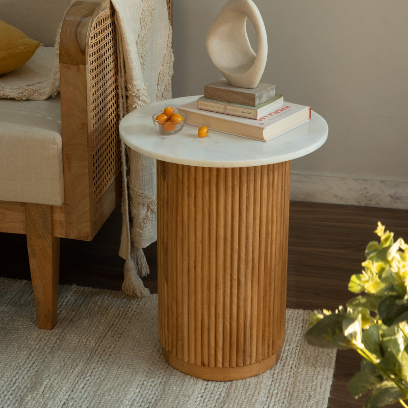 Orren Ellis Elena Marble Top Accent Side Table with Solid Wood Fluted ...