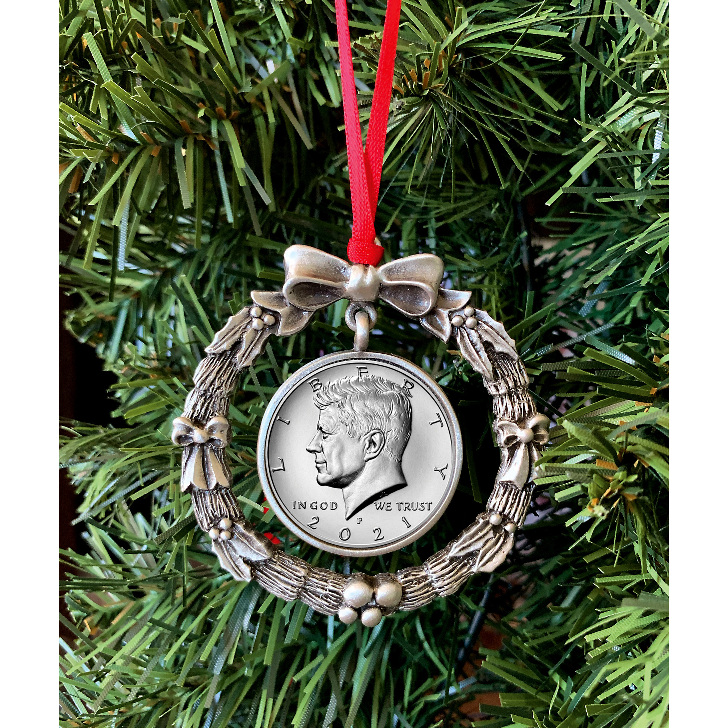 The Holiday Aisle® 2021 JFK Half Dollar Wreath Coin Ornament | Wayfair