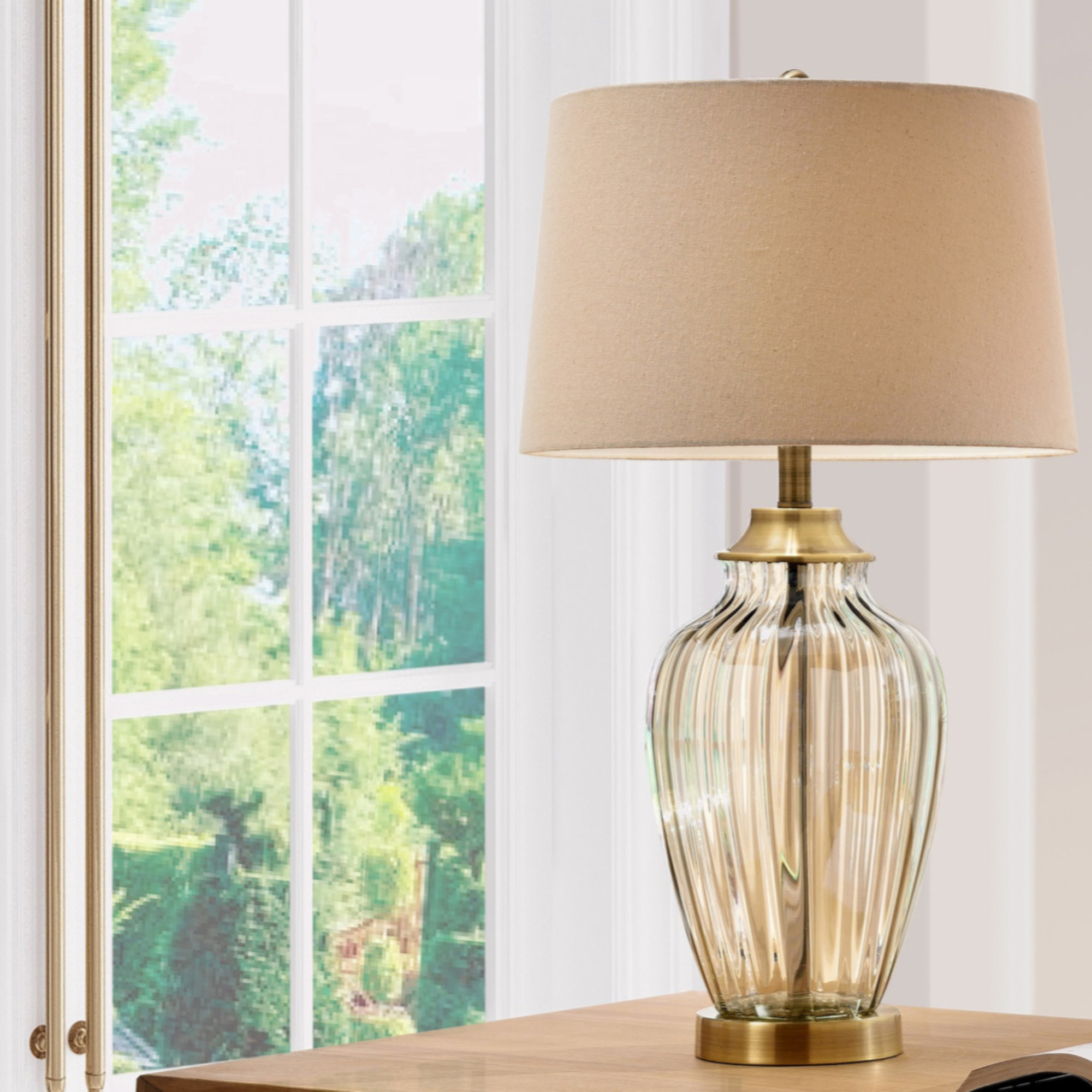 Ivy Bronx 28.5" Tall Glass Table Lamp "Golden Gaze" With Antique Bronze ...