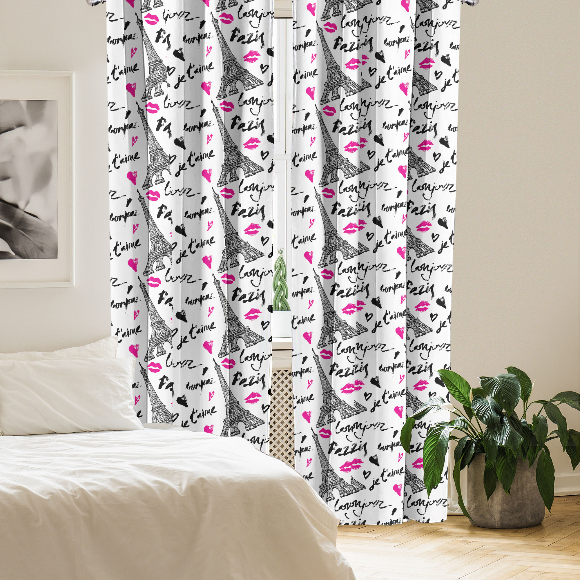 Red Barrel Studio® Paris 4-Panel Curtains, Pink Kiss Eiffel Love, White ...