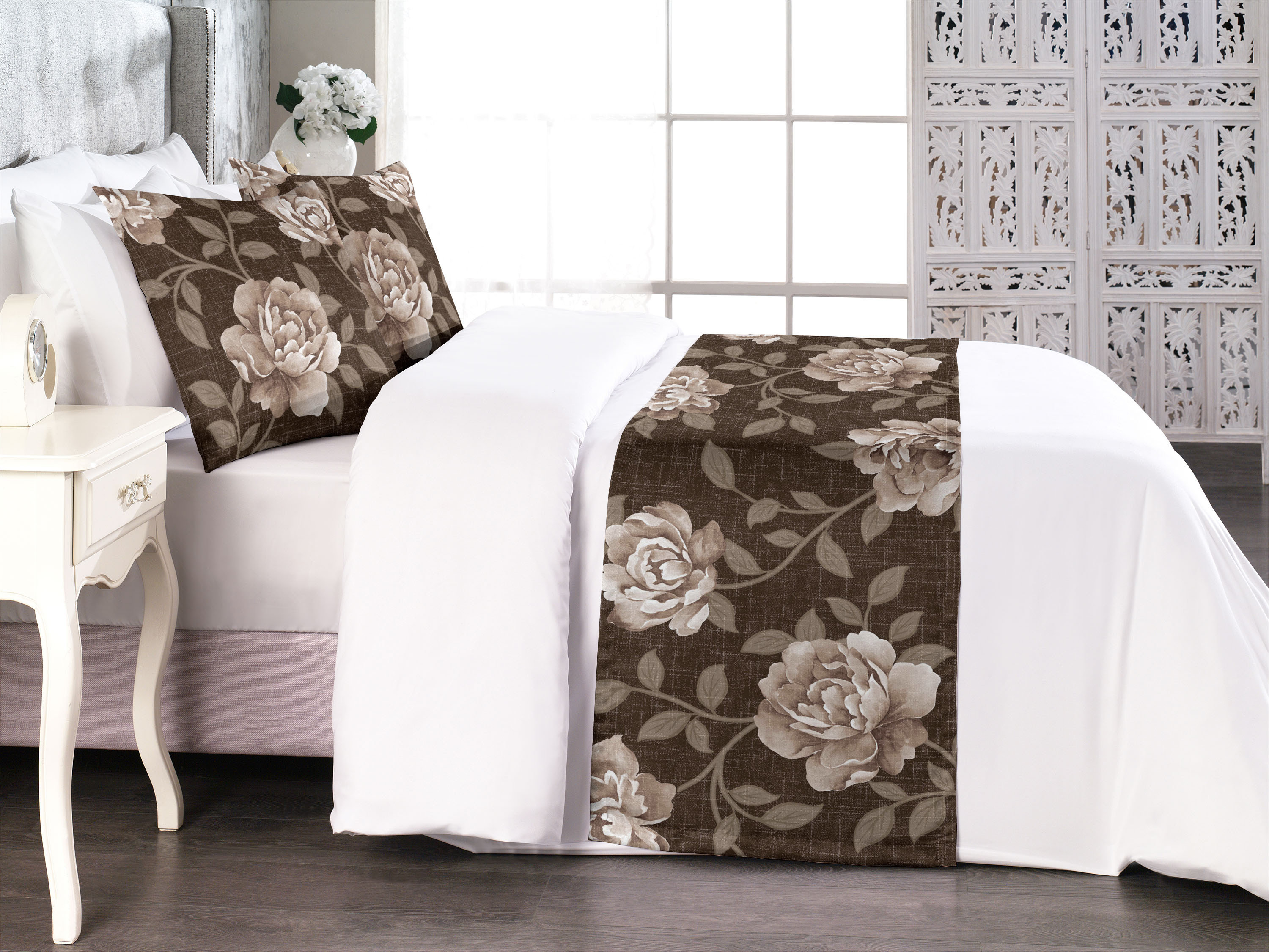 Ambesonne Rose Bed Runner Set Retro Effect Romantic Floral Brown and ...