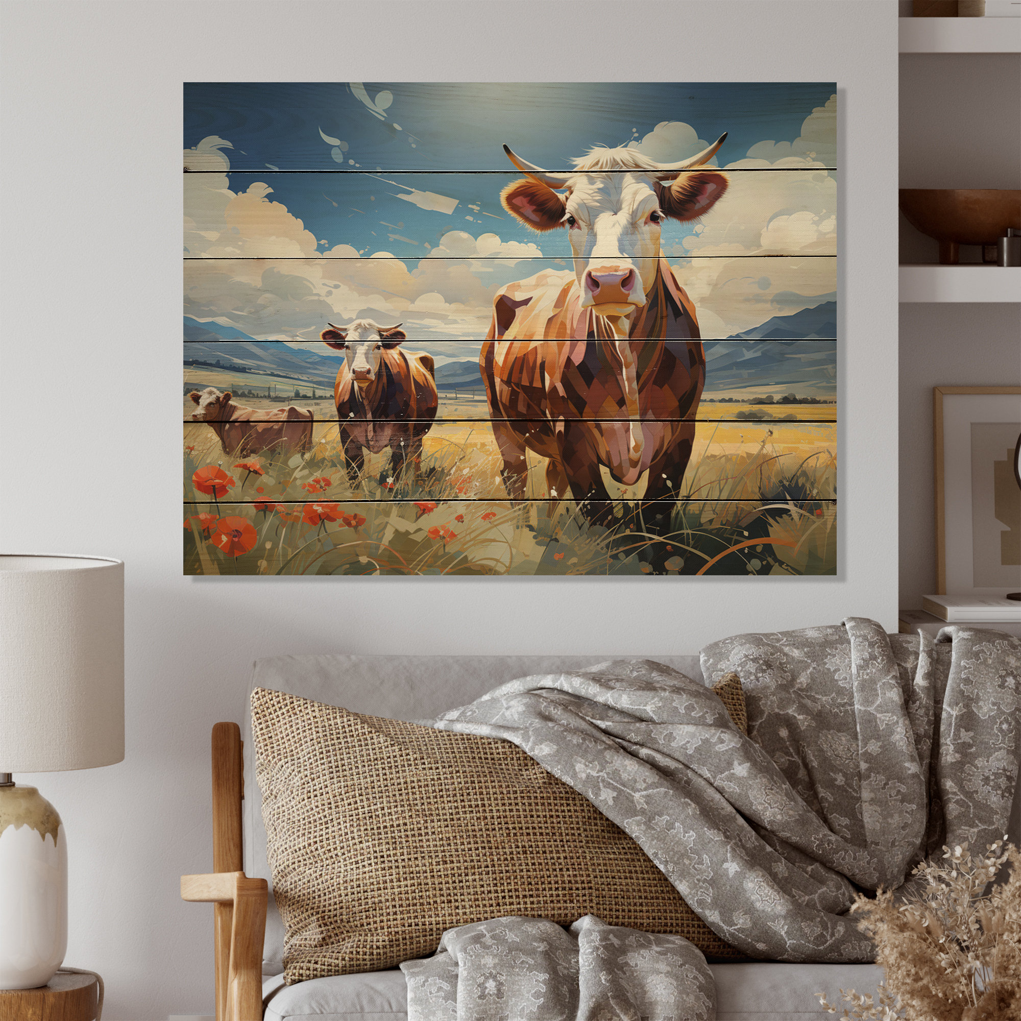 Dovecove Rowanna Cattle Pastoral Grazers Geometric I On Wood Print ...