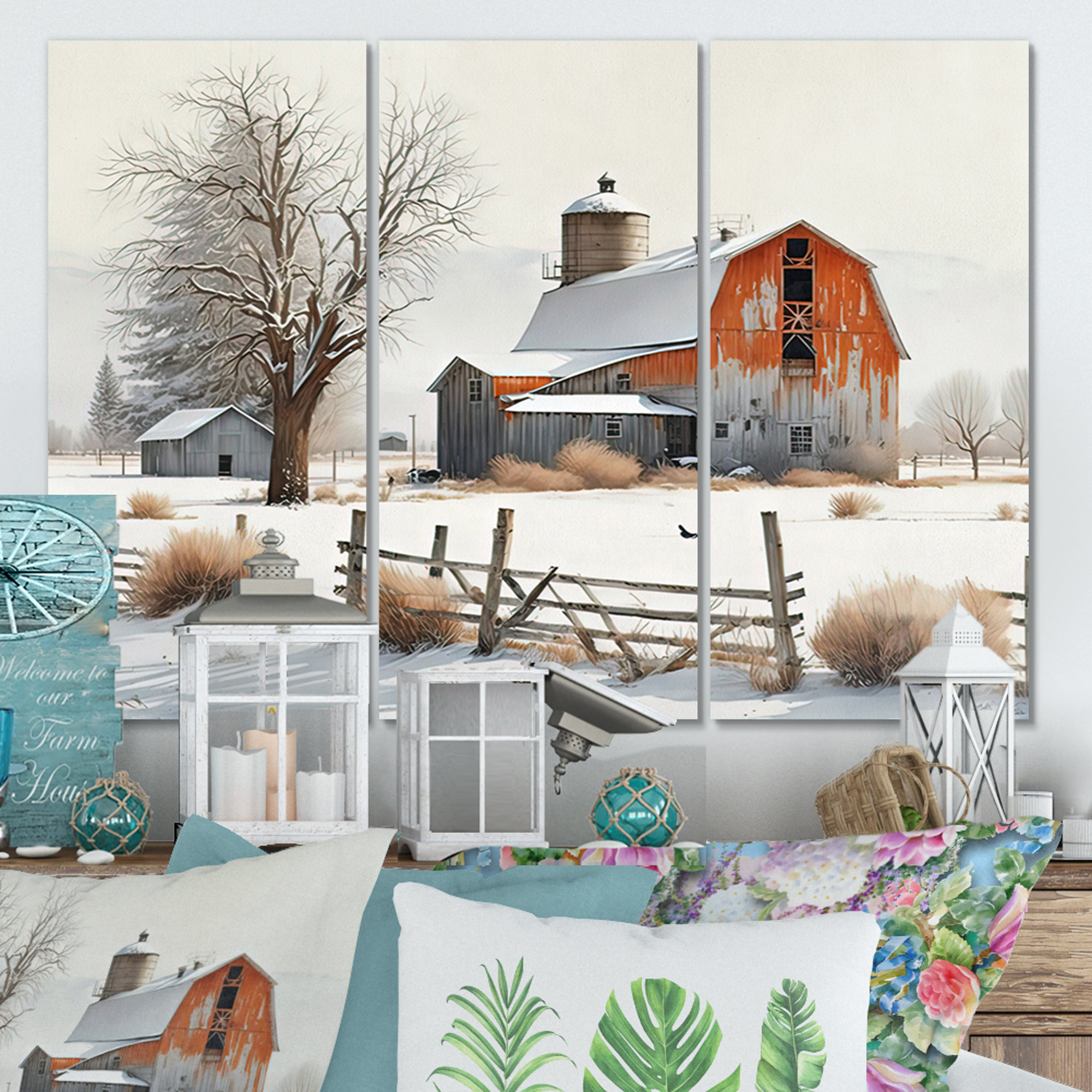 Gracie Oaks Red Barn Scenery In Winter I - 3 Piece Print | Wayfair