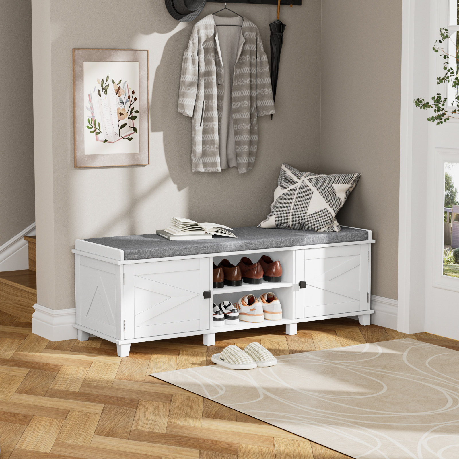 Ebern Designs White Upholstered Shoe Bench | Wayfair